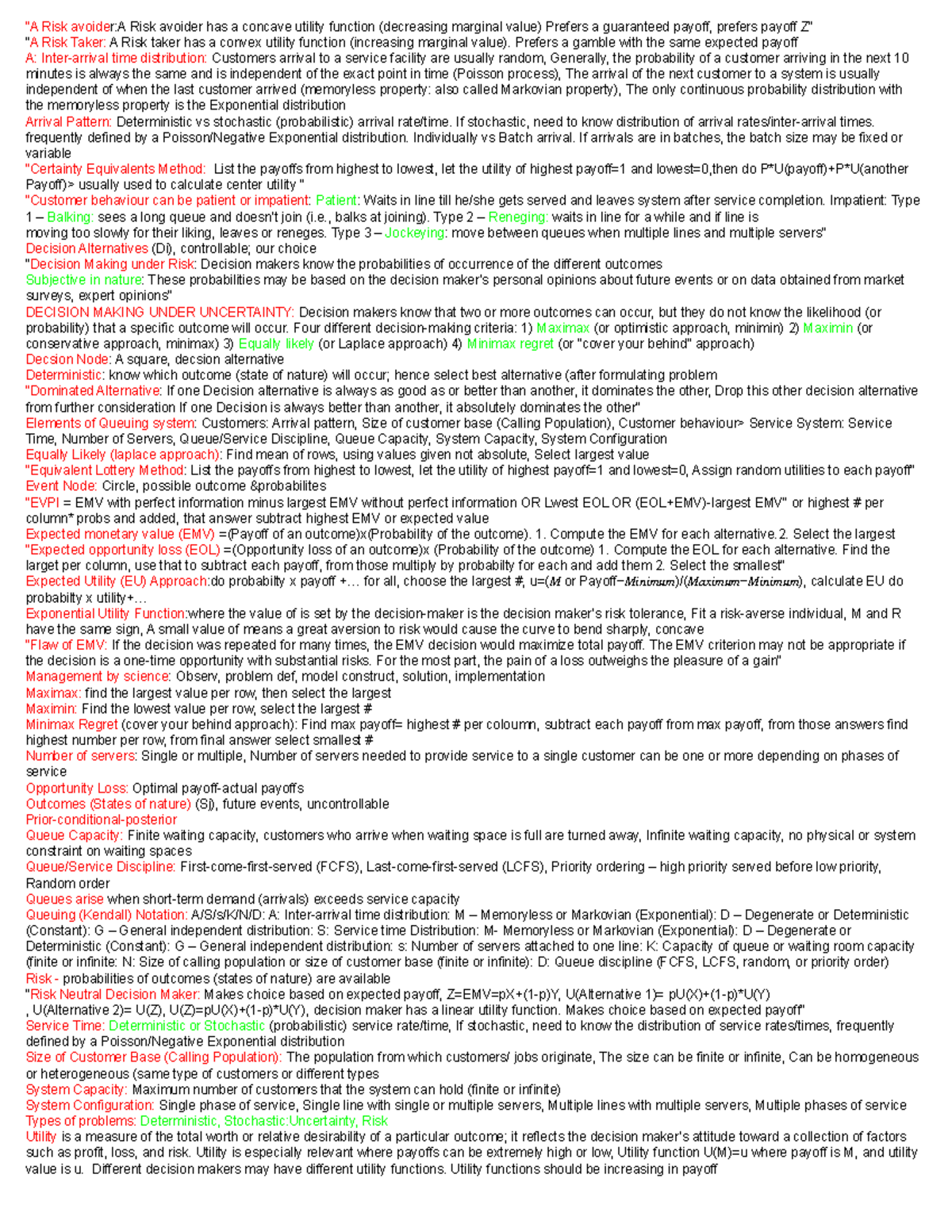Cheat Sheet for midterm - "A Risk avoider:A Risk avoider has a concave ...