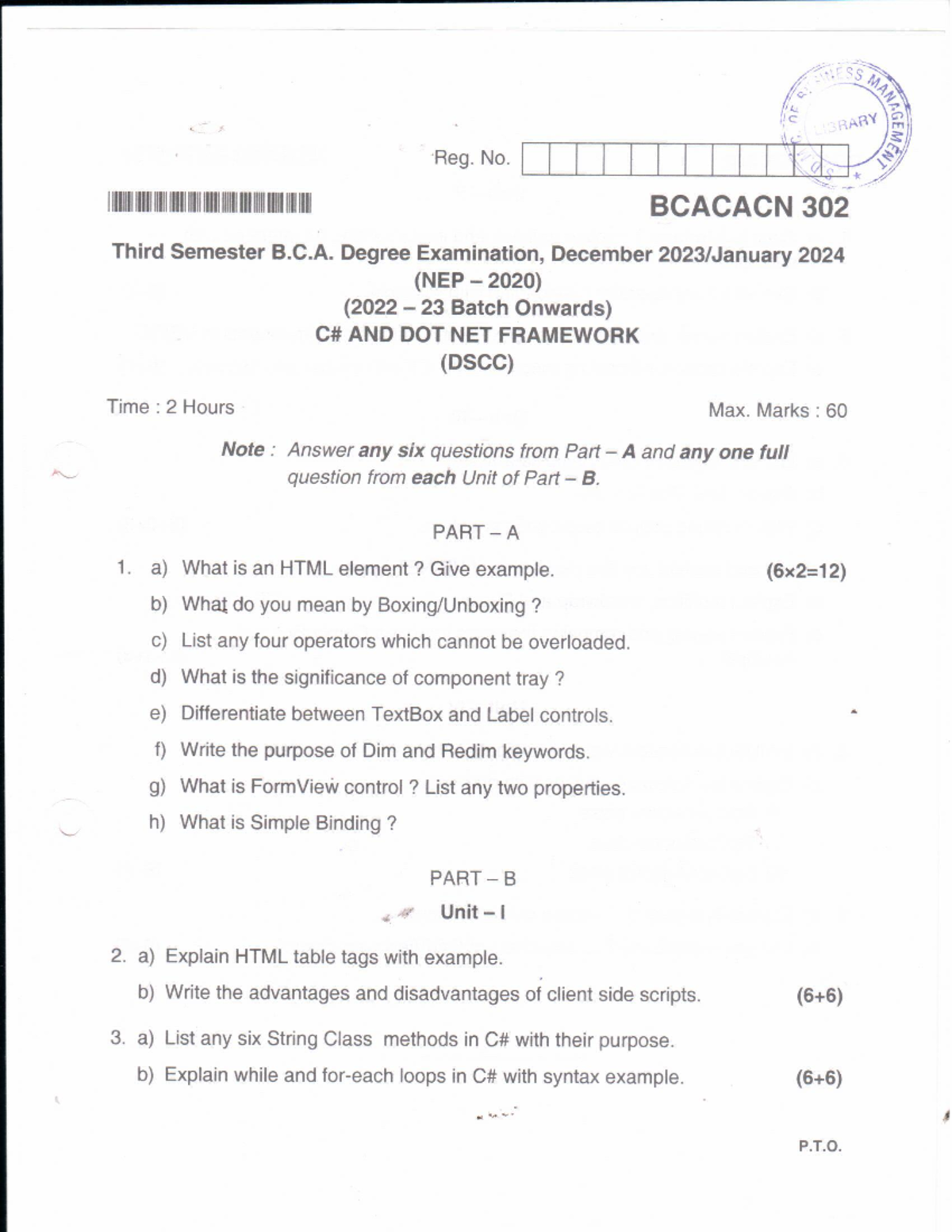 BCA III Semester C # and Dot net Framework NEP Jan 2024 - E LI3RARY DEPARTMENT Reg. No. BCACACN ...