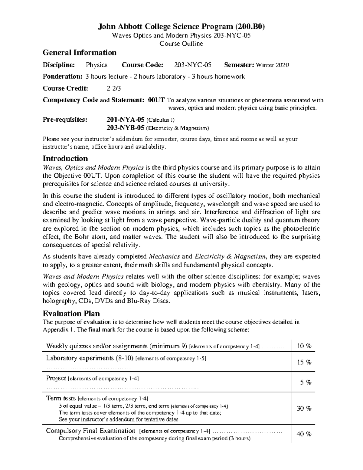 Waves, Optics, and Modern Physics Course Outline - John Abbott College ...