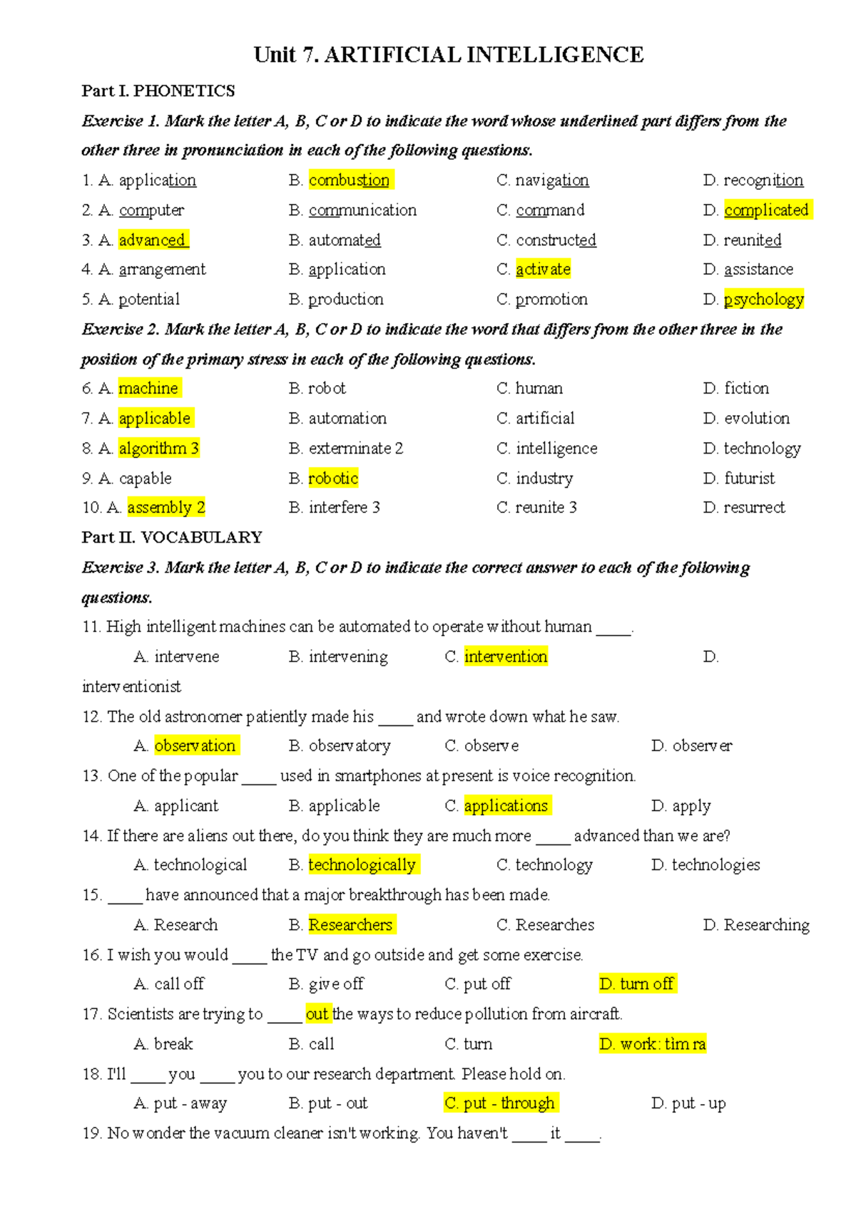 Unit 7- photo - homework - Unit 7. ARTIFICIAL INTELLIGENCE Part I. PHONETICS Exercise 1. Mark ...