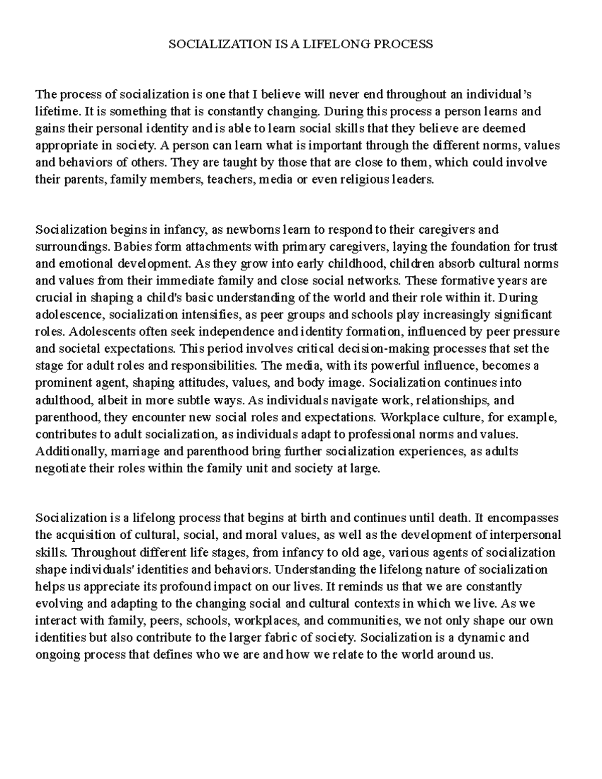 UTS Assignment Essay - just to read an advance - SOCIALIZATION IS A ...