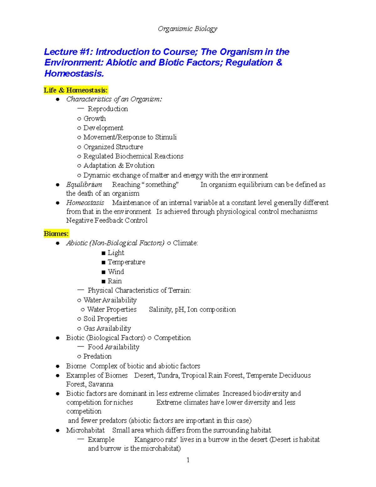 Organismic Biology Notes - Lecture #1: Introduction to Course; The ...