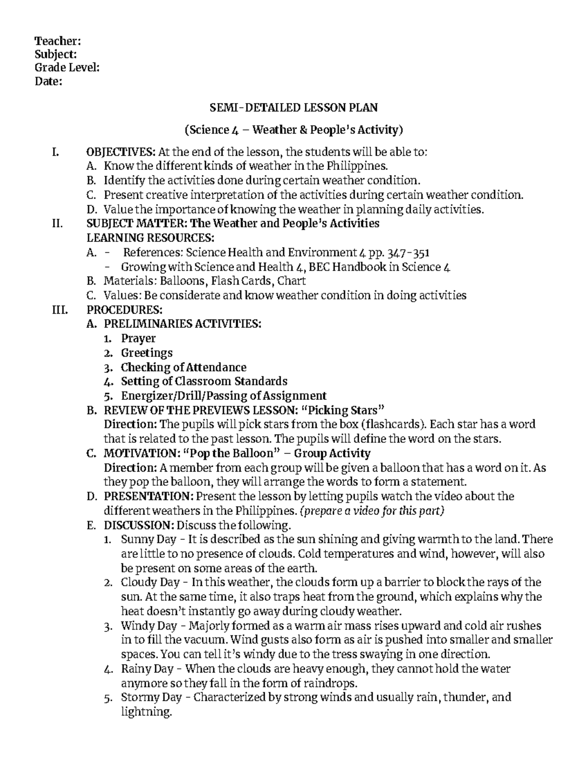 Science 4 LP The Weather Peoples Activity - Teacher: Subject: Grade ...
