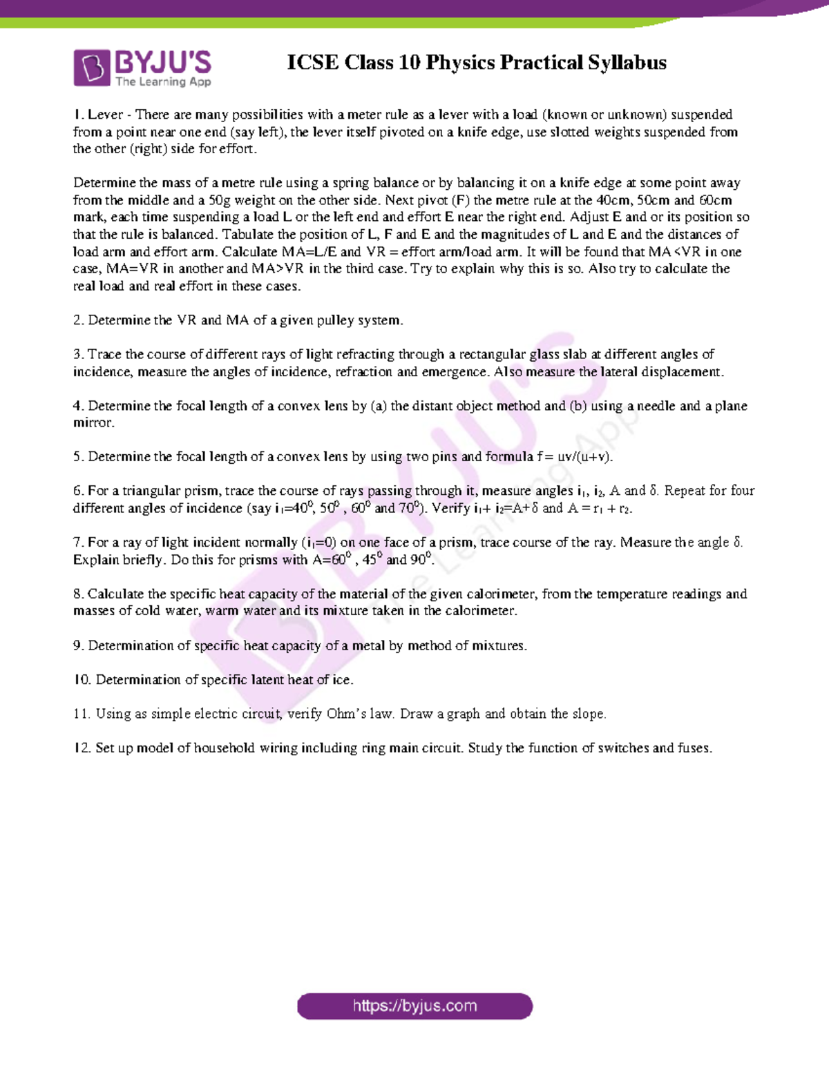 ICSE Class 10 Physics Practical Work Syllabus - ICSE Class 10 Physics ...