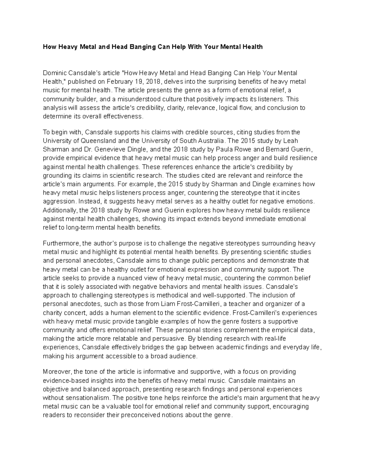 LCC401 Assignment - article analysis - How Heavy Metal and Head Banging ...
