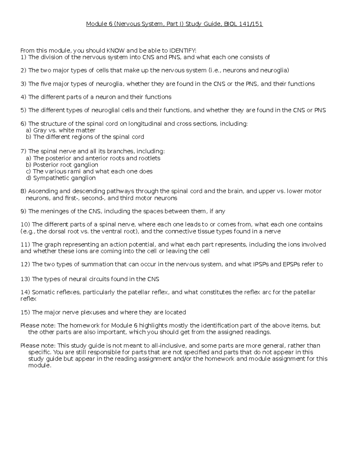 Mod 6 (Nervous System I) Study Guide,-2 - Module 6 (Nervous System ...