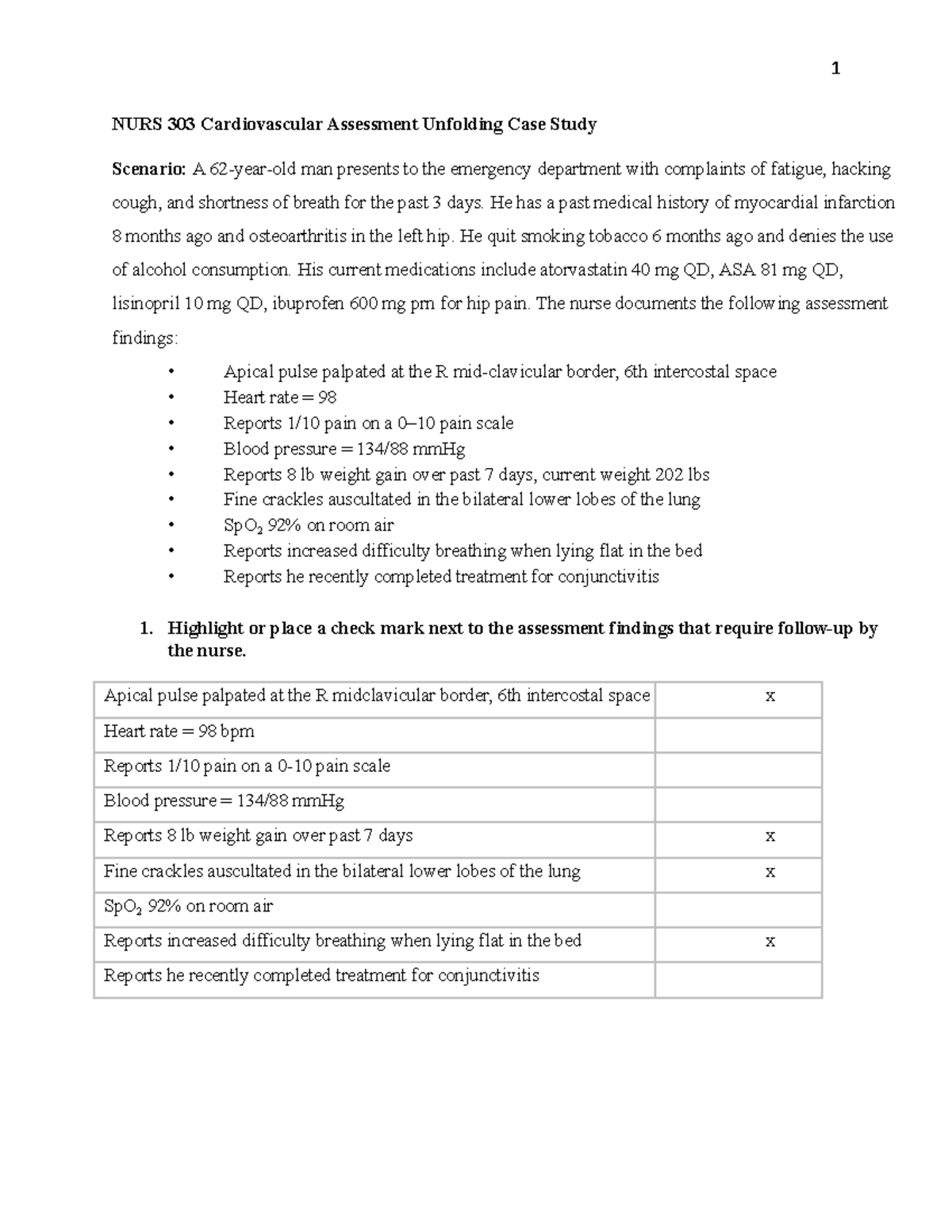 NURS 303 CV Assessment Unfolding Case Study .docx - 1 NURS 303 ...