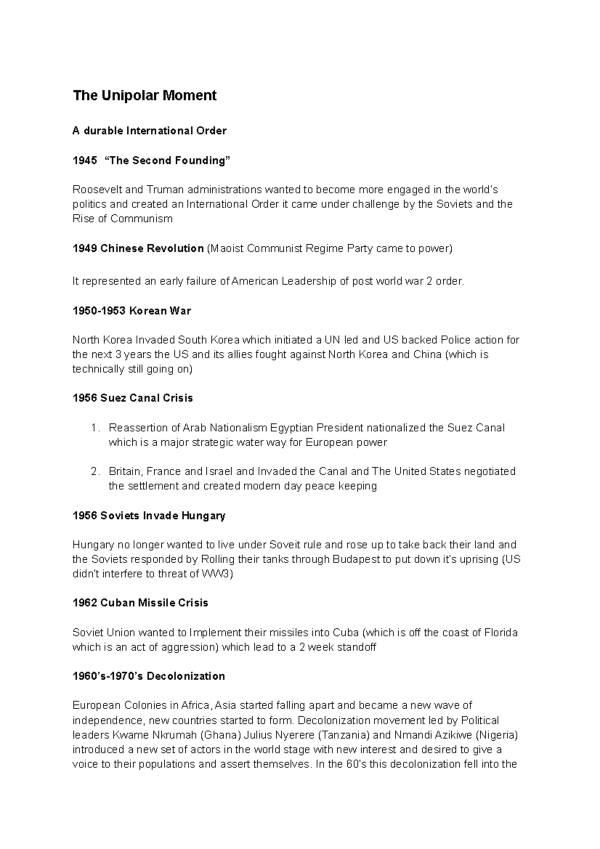 PSCI1200A - Lecture 3 - note - The Unipolar Moment A durable ...