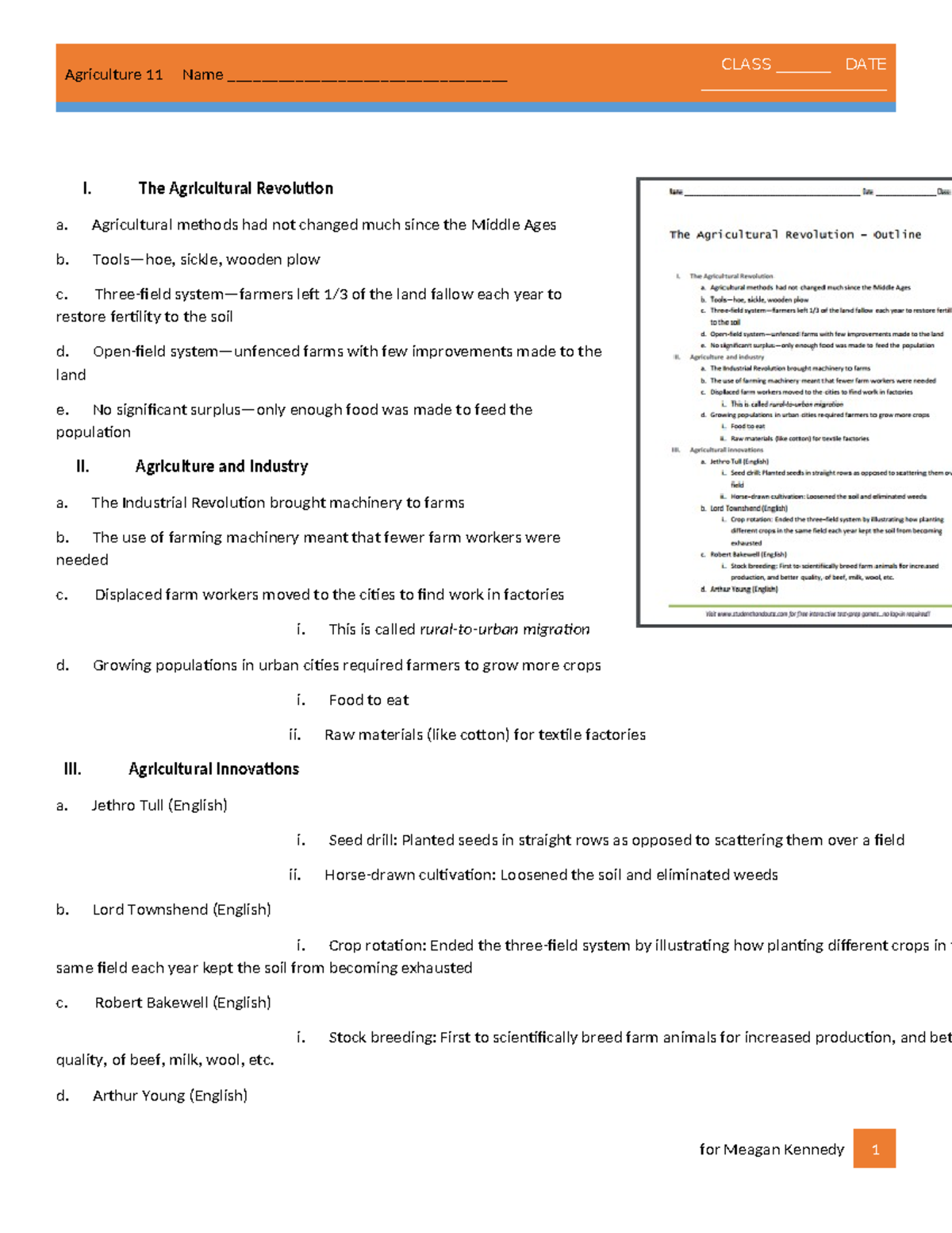 Agricultural revolution notes - Agriculture 11 Name ...