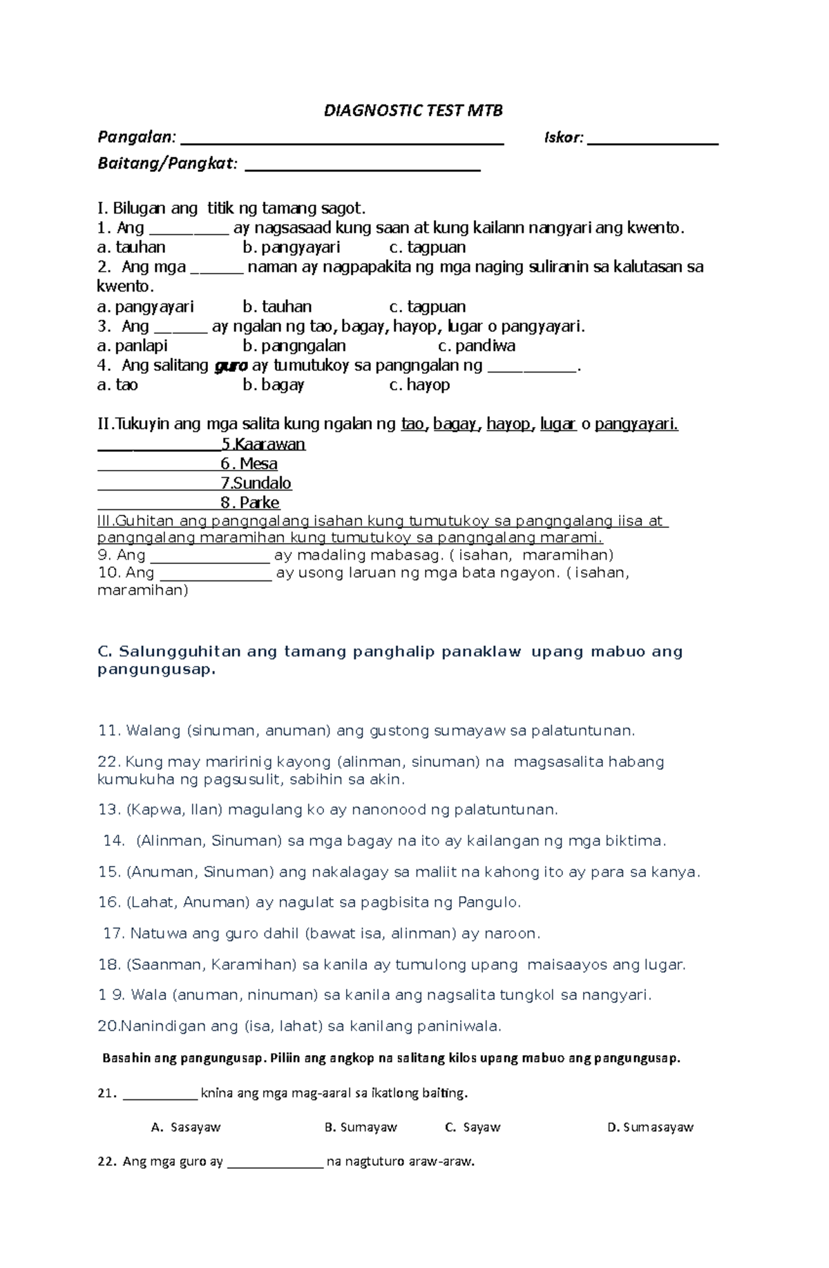PRE-TEST MTB 3 practice material - DIAGNOSTIC TEST MTB Pangalan: - Studocu