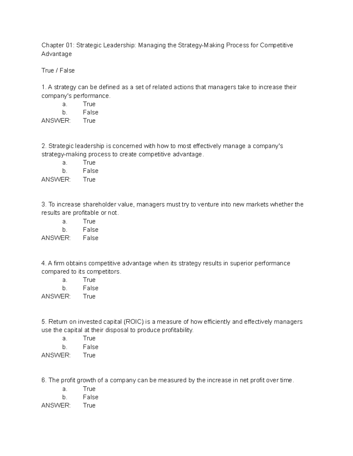 BA 4390 QUIZ - ANSWERS - Chapter 01: Strategic Leadership: Managing the ...