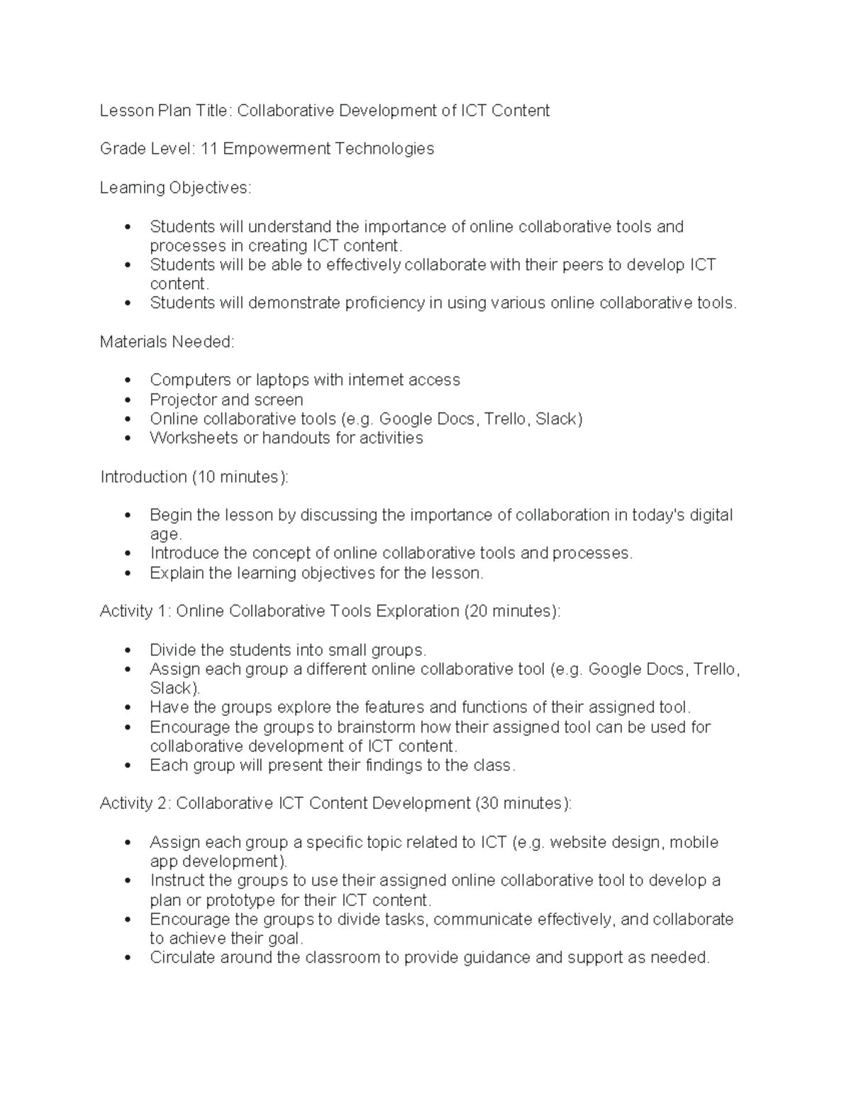 Empowerment Technologies - Lesson Plan Title: Collaborative Development ...