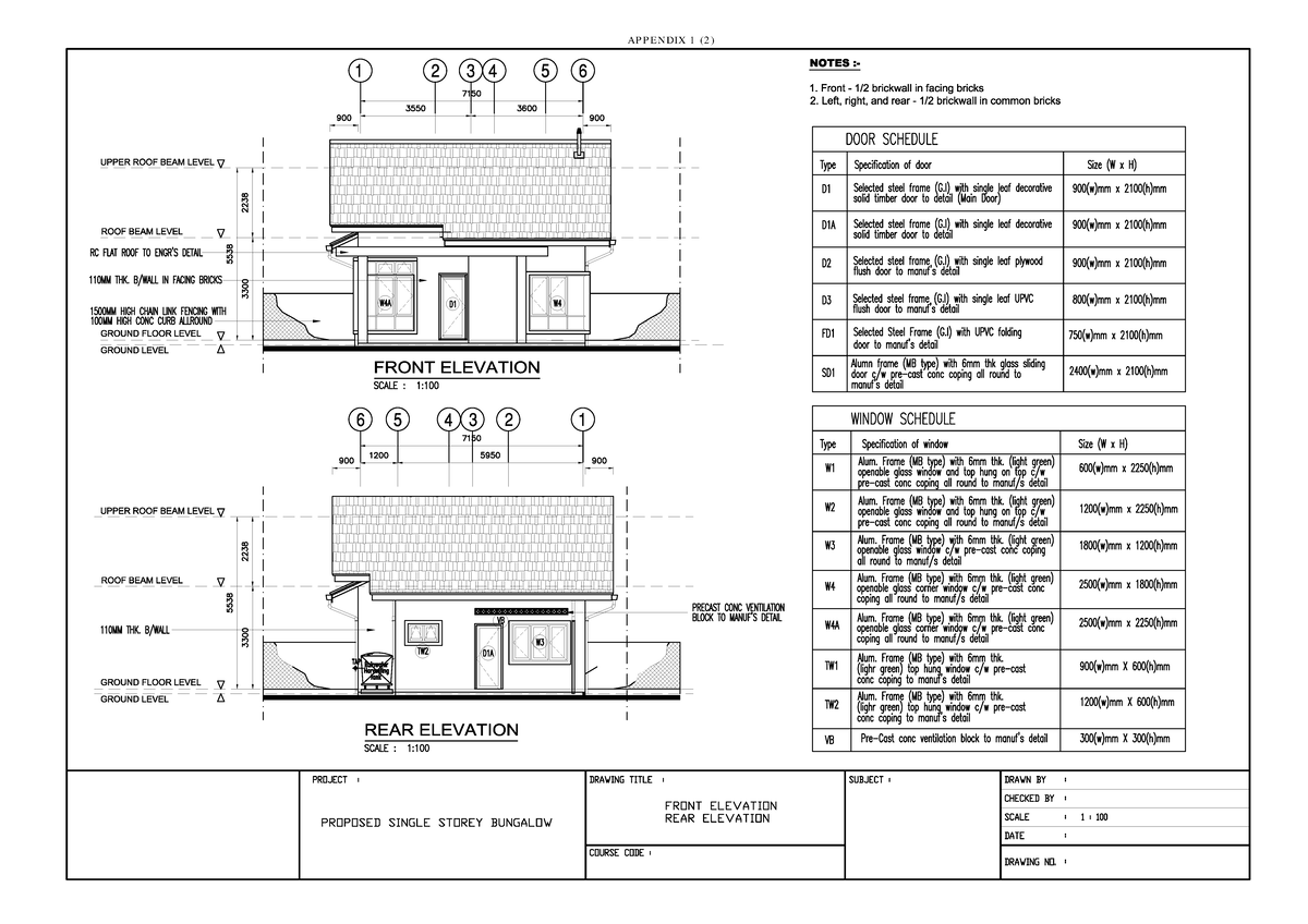 Front & Rear Elevation - drawing - APPENDIX 1 (2) NOTES 1 2 3 4 5 6 ...