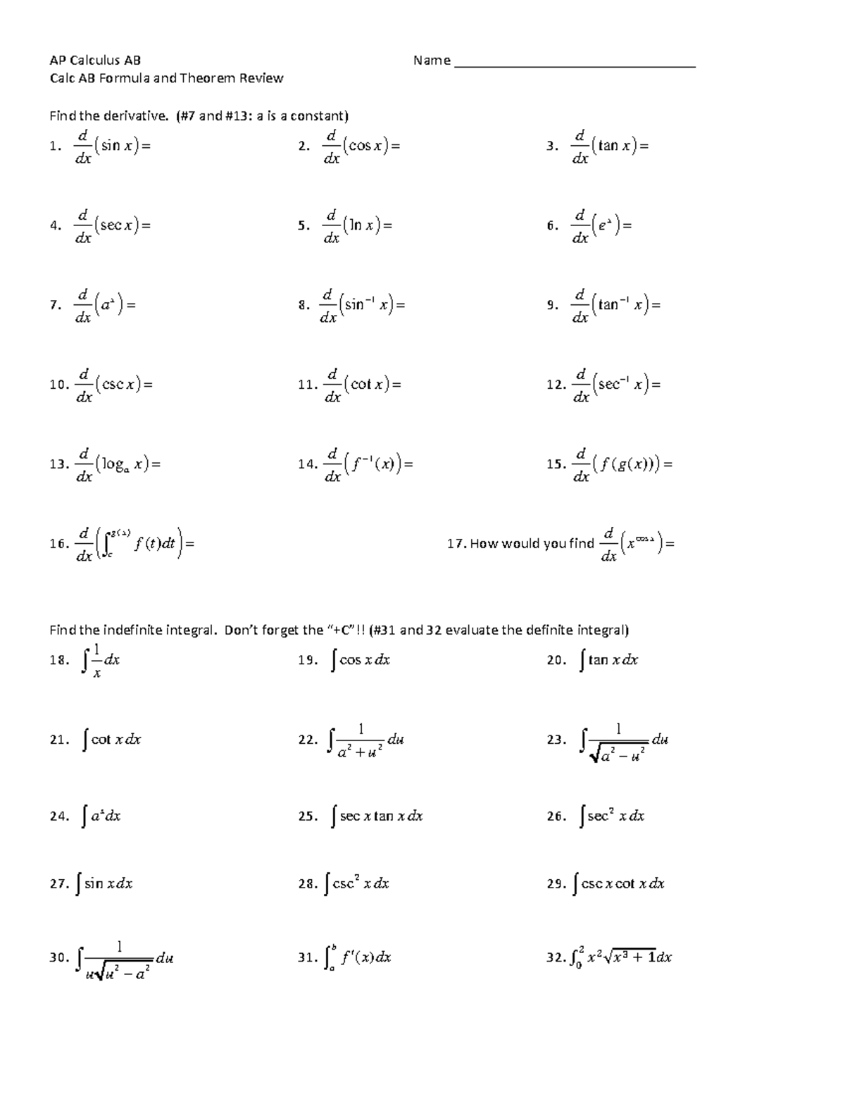Calc AB Formula and Theorem Review - AP Calculus AB Name