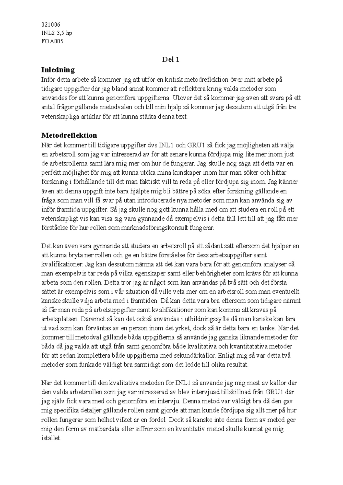 INL2 - INL2 FOA005 - INL2 3,5 hp FOA Del 1 Inledning Inför detta arbete ...