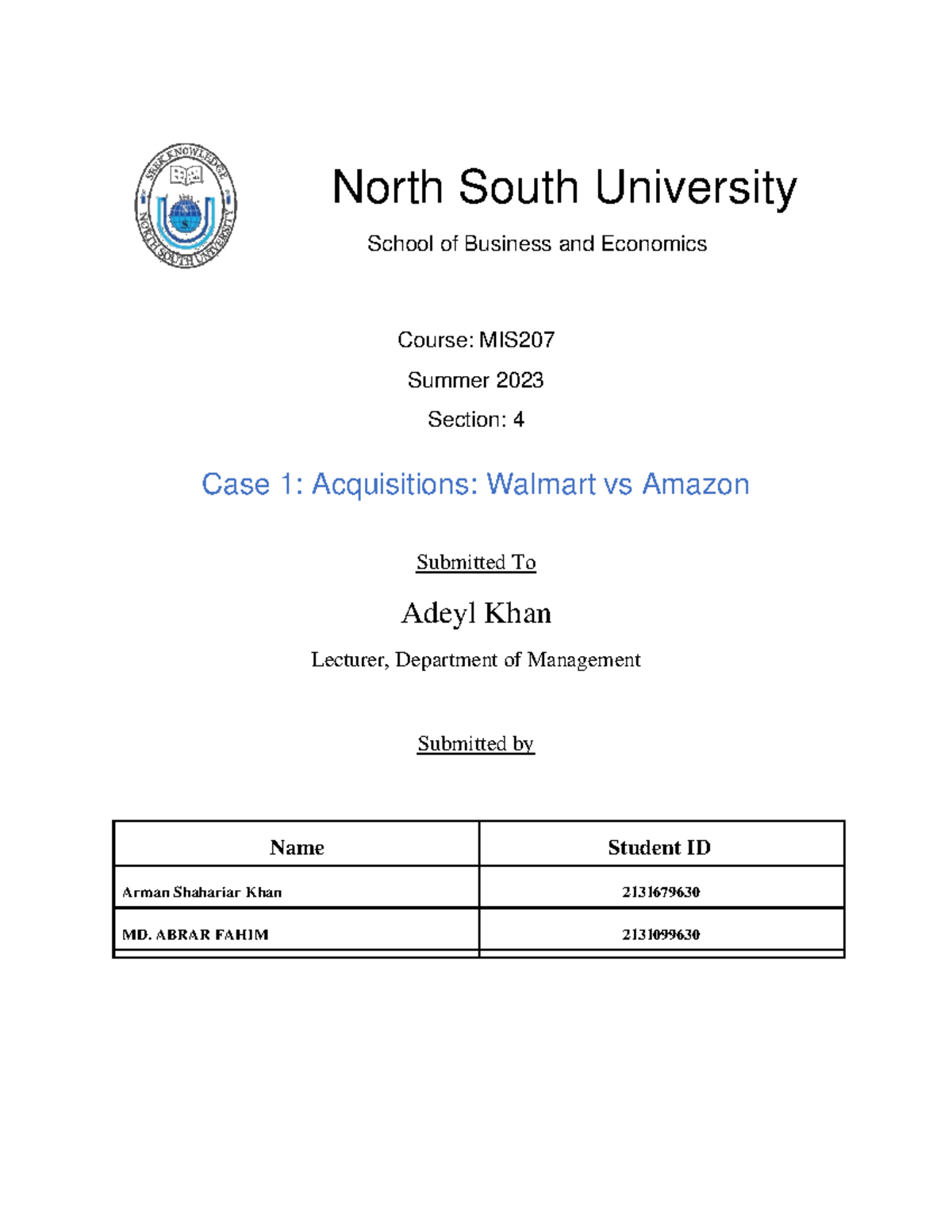 MIS 207 Assignment 1 - North South University School of Business and Economics Course: MIS ...