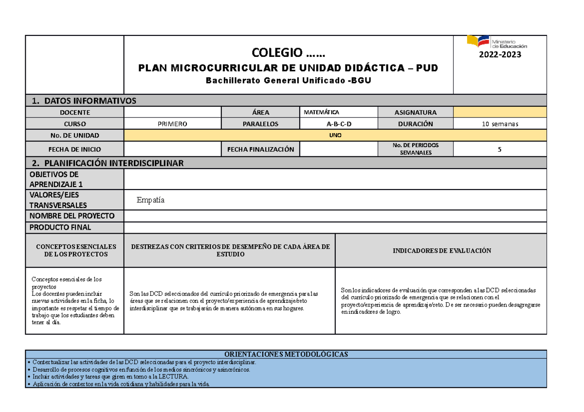 Formato PUD 2022-2023 - COLEGIO ...... PLAN MICROCURRICULAR DE UNIDAD DIDÁCTICA – PUD ...