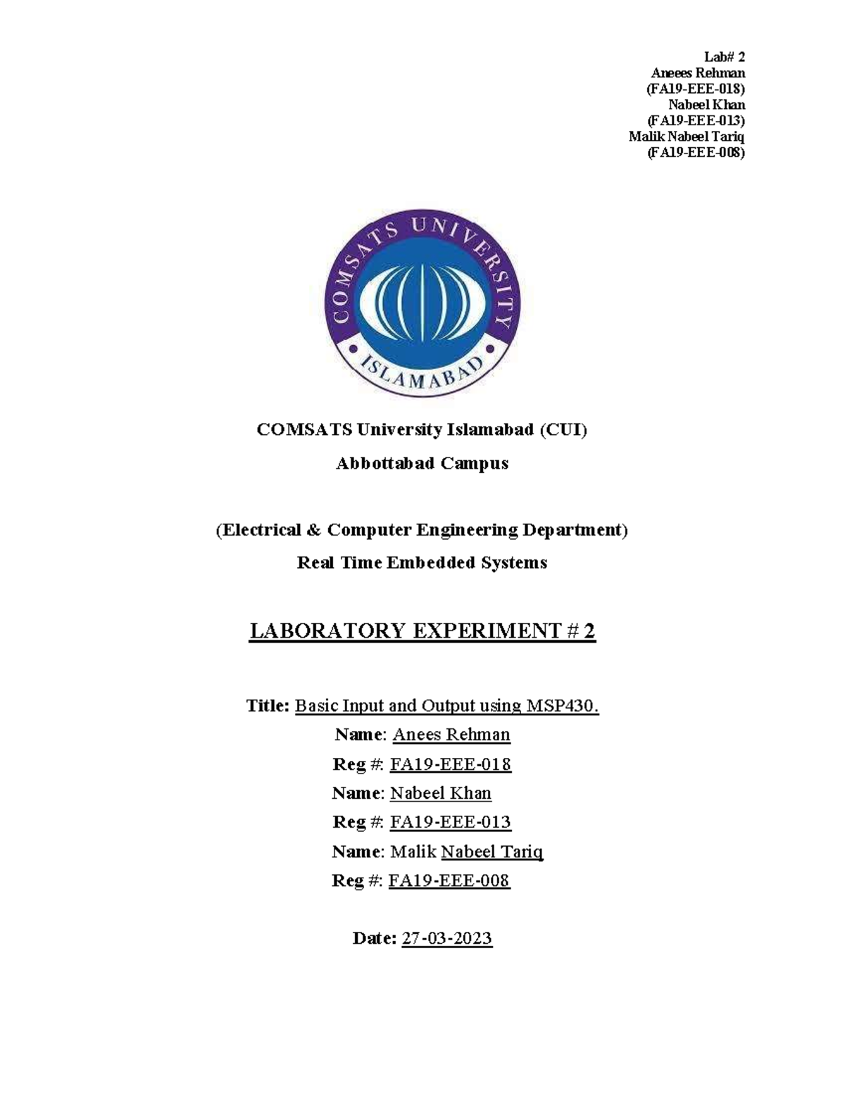 Lab 2 - Lab 2 - Aneees Rehman (FA19-EEE-018) Nabeel Khan (FA19-EEE-013) Malik Nabeel Tariq - Studocu