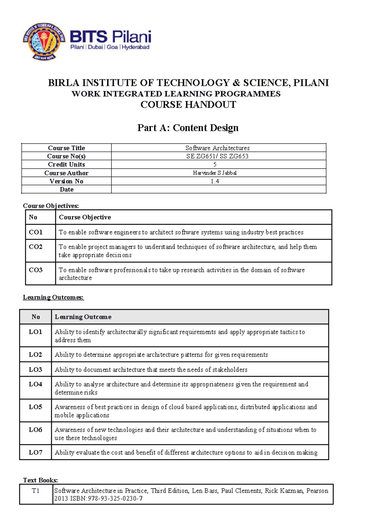 Software Architecture ZG651 Course Handout - BIRLA INSTITUTE OF TECHNOLOGY & SCIENCE, PILANI ...