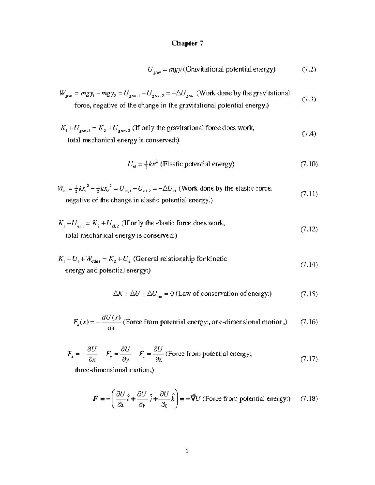 Key equations Chapters 7 8 9 10 - U grav= mgy (Gravitational potential ...