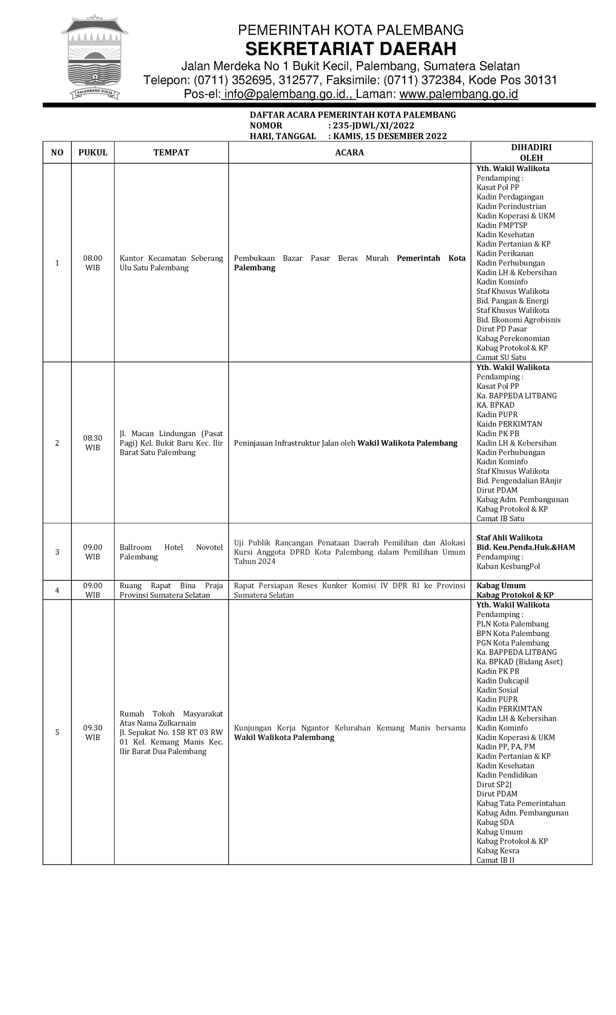 Acara 15 Desember 2022-1 - DAFTAR ACARA PEMERINTAH KOTA PALEMBANG NOMOR ...