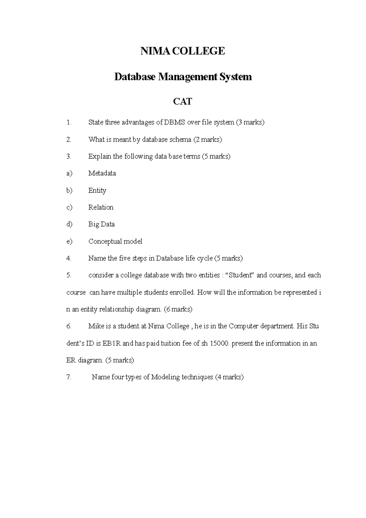Dbms - questions om database management systems - NIMA COLLEGE Database ...