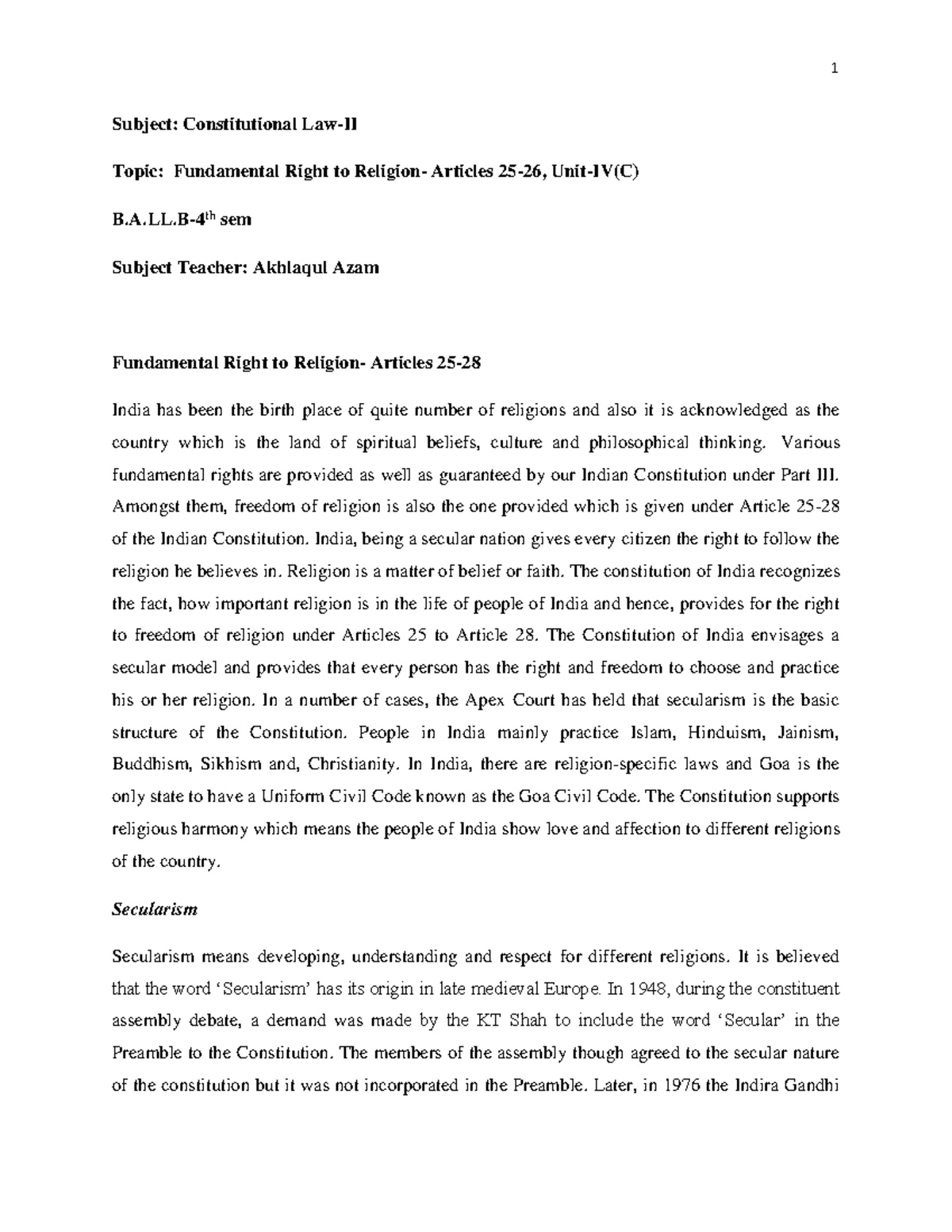 Articles 25-28 - Constitution, article 25-28 - Subject: Constitutional ...