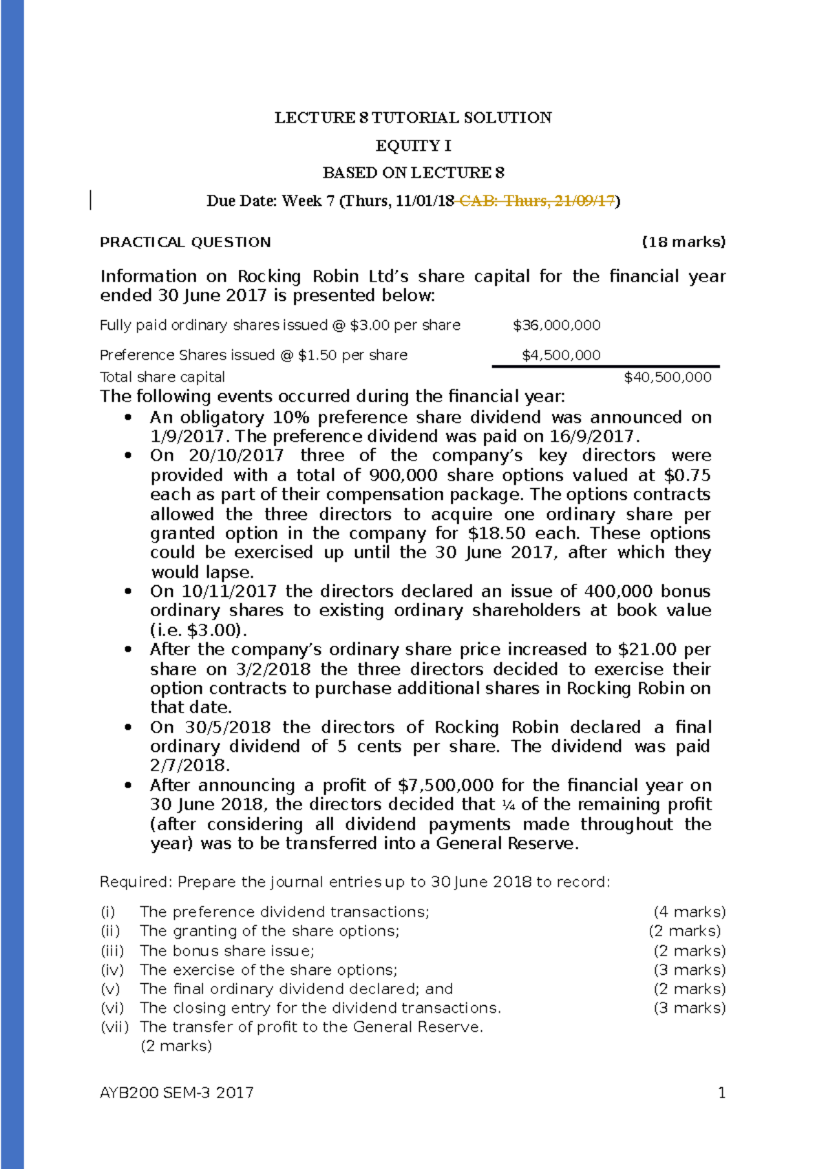 1703 Lecture 8 Equity 1 Tutorial Solution - LECTURE 8 TUTORIAL SOLUTION EQUITY I BASED ON ...