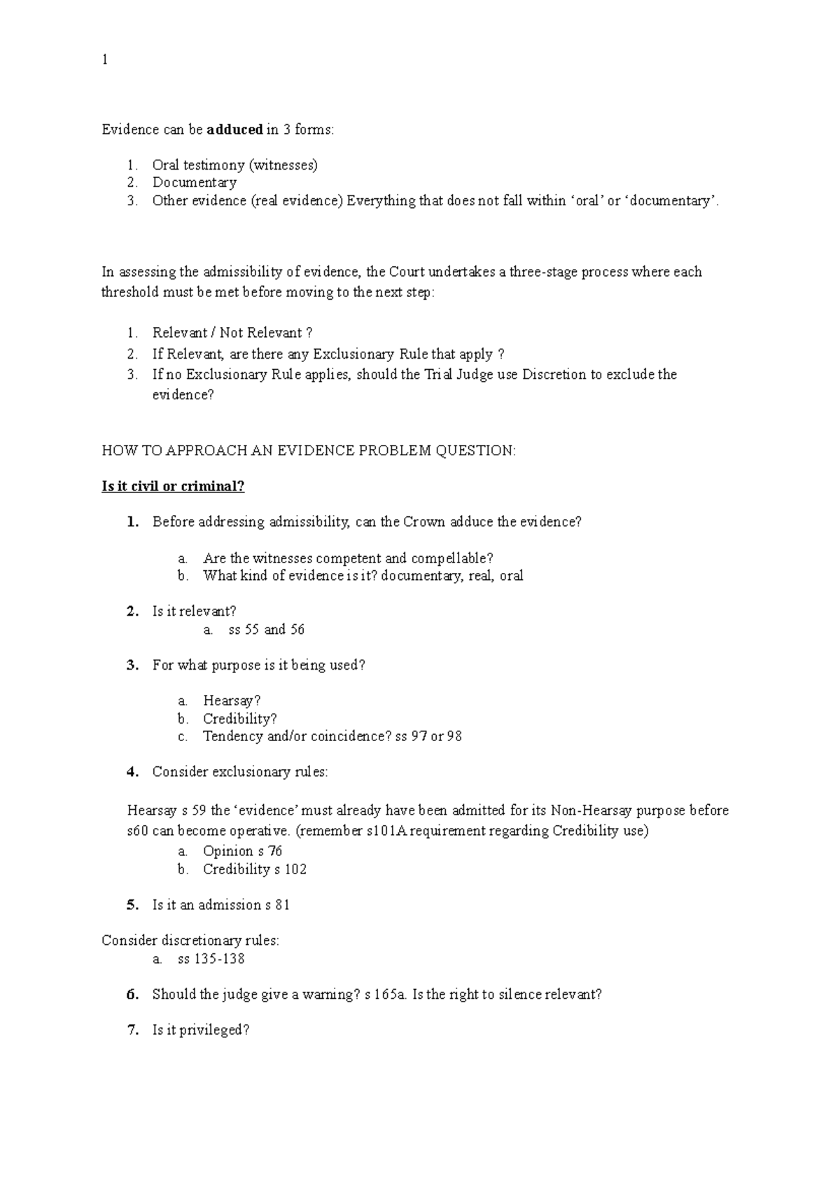Evidence Exam Notes - Exam cheat sheet / Summary for approaching exam ...
