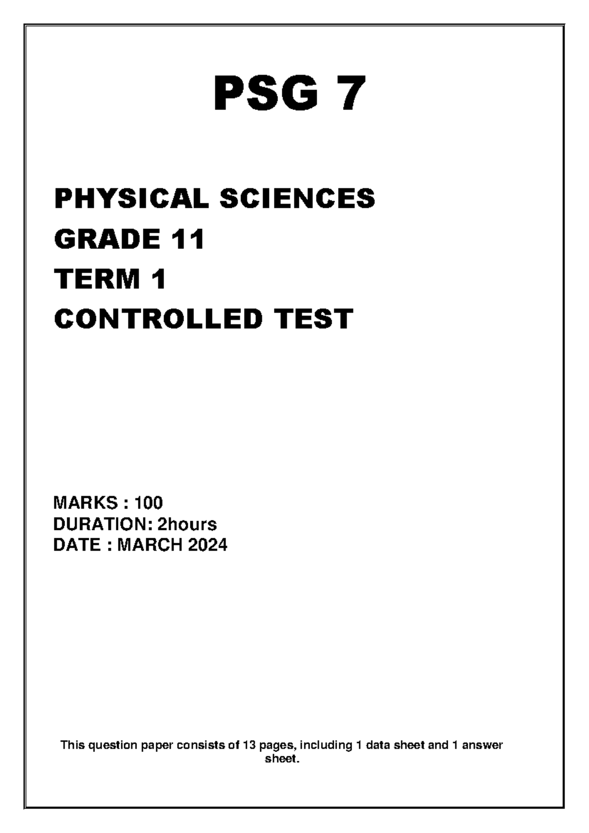 Physical sciences Grade 11 March 2024 Controlled test PDF - PSG 7 ...