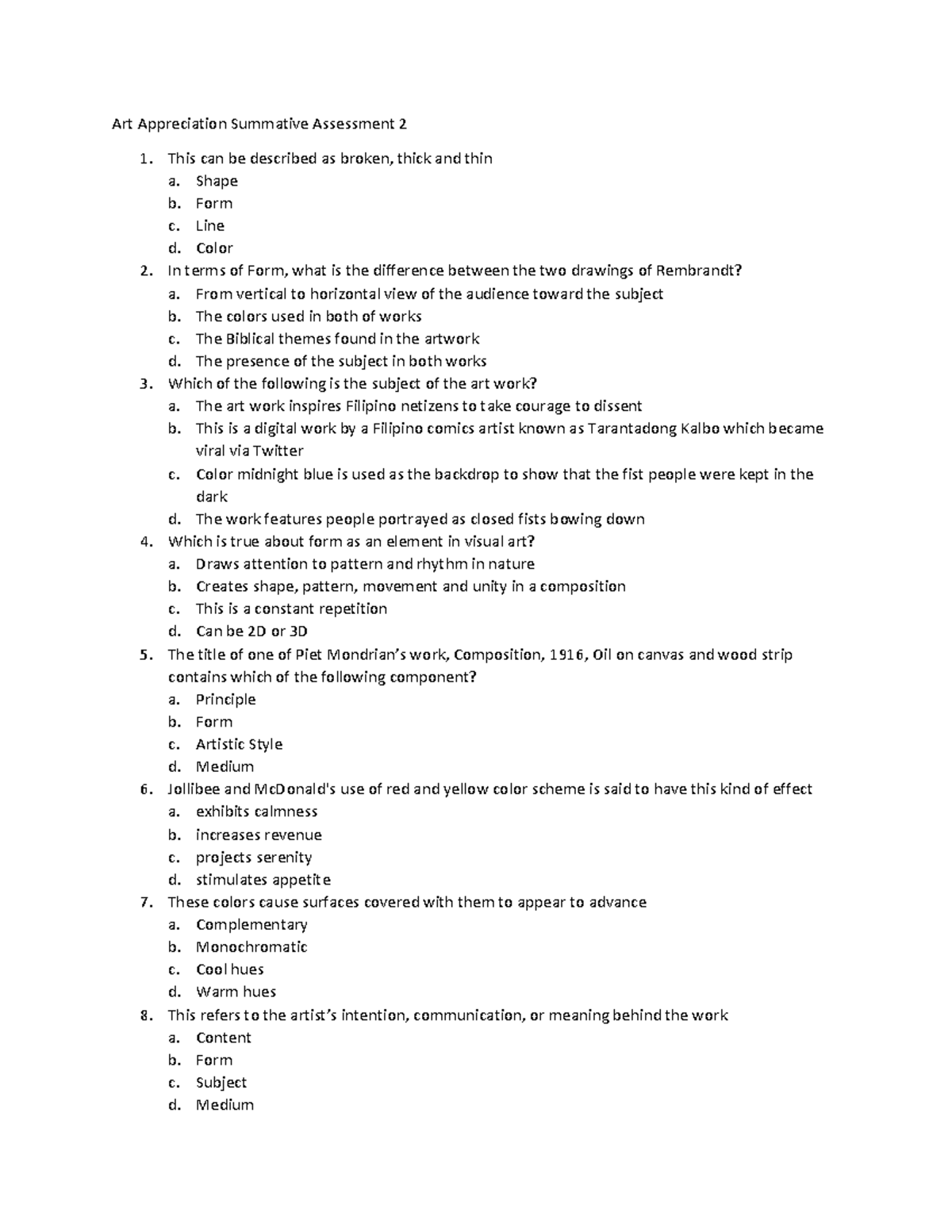 Art Appreciation Summative Assessment 2 - Shape b. Form c. Line d ...