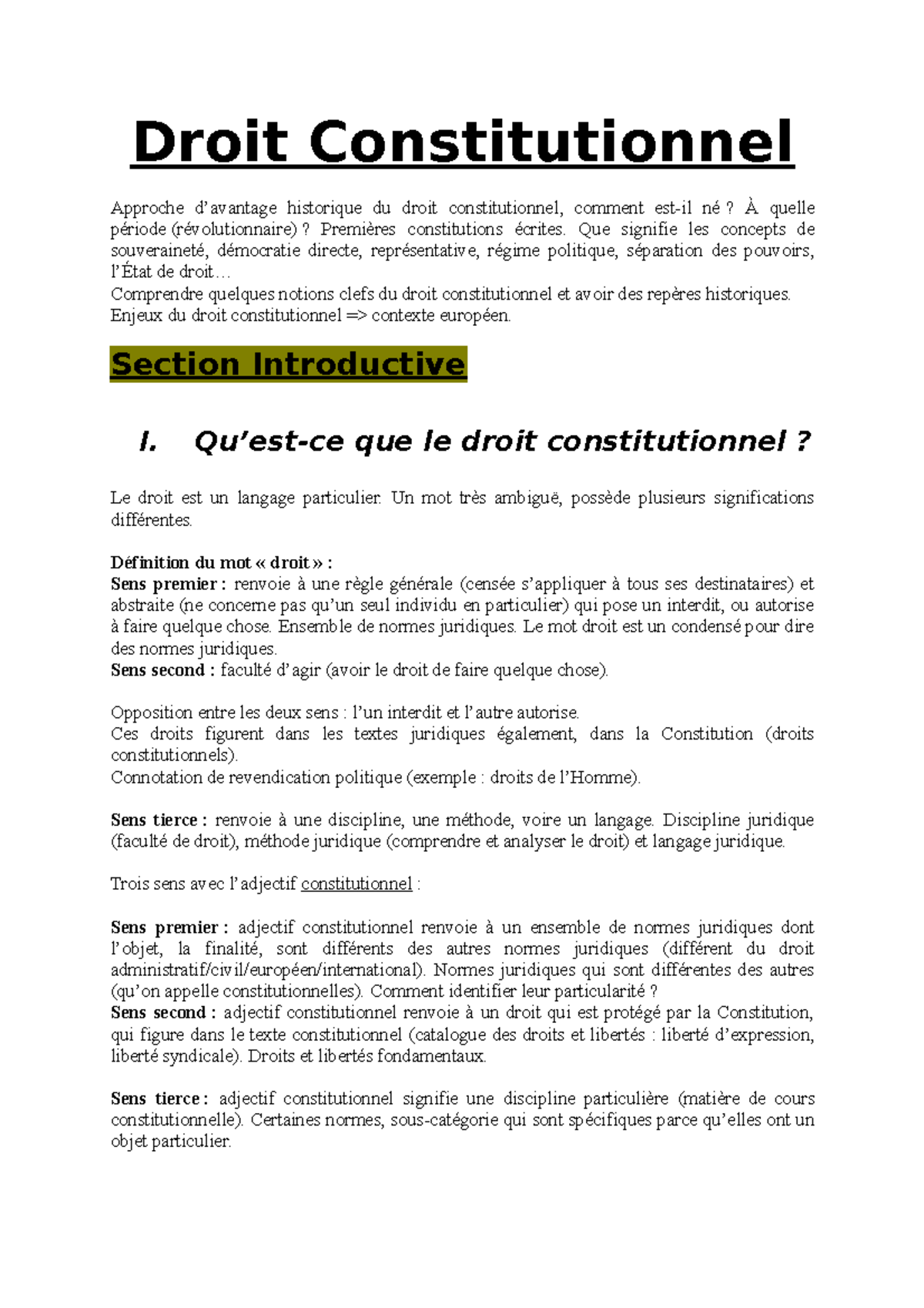 Cours Droit Constitutionnel - Droit Constitutionnel Approche d’avantage historique du droit ...