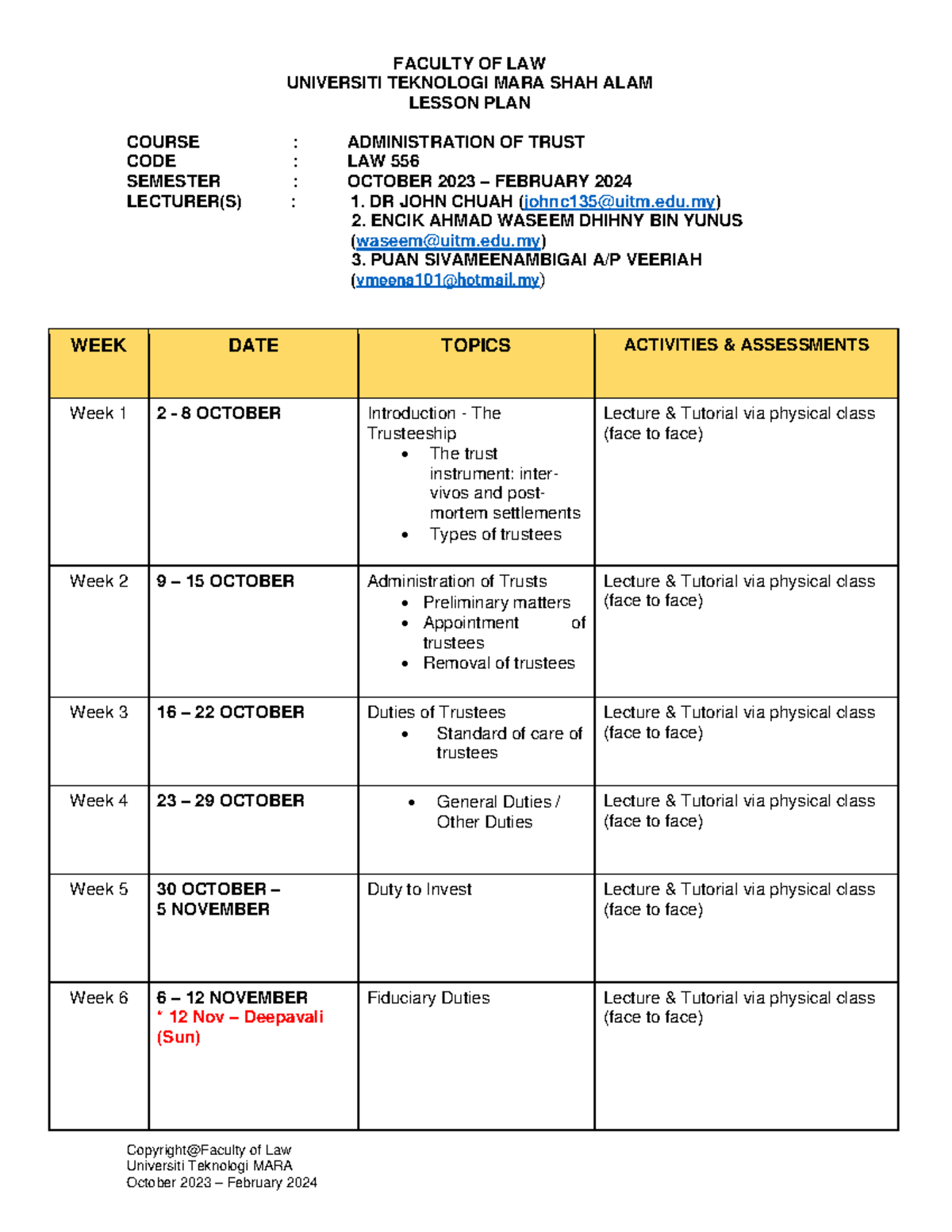 LAW556 Lesson PLAN FOR SEM OCT 2023 - FEB 2024 - Copyright@Faculty of ...