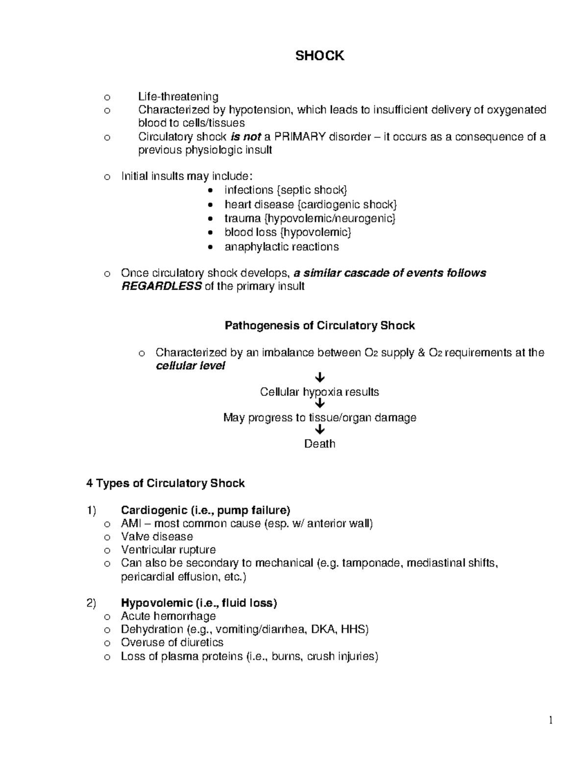 PARA 240 Shock SUPP - Notes - SHOCK o Life-threatening o Characterized ...