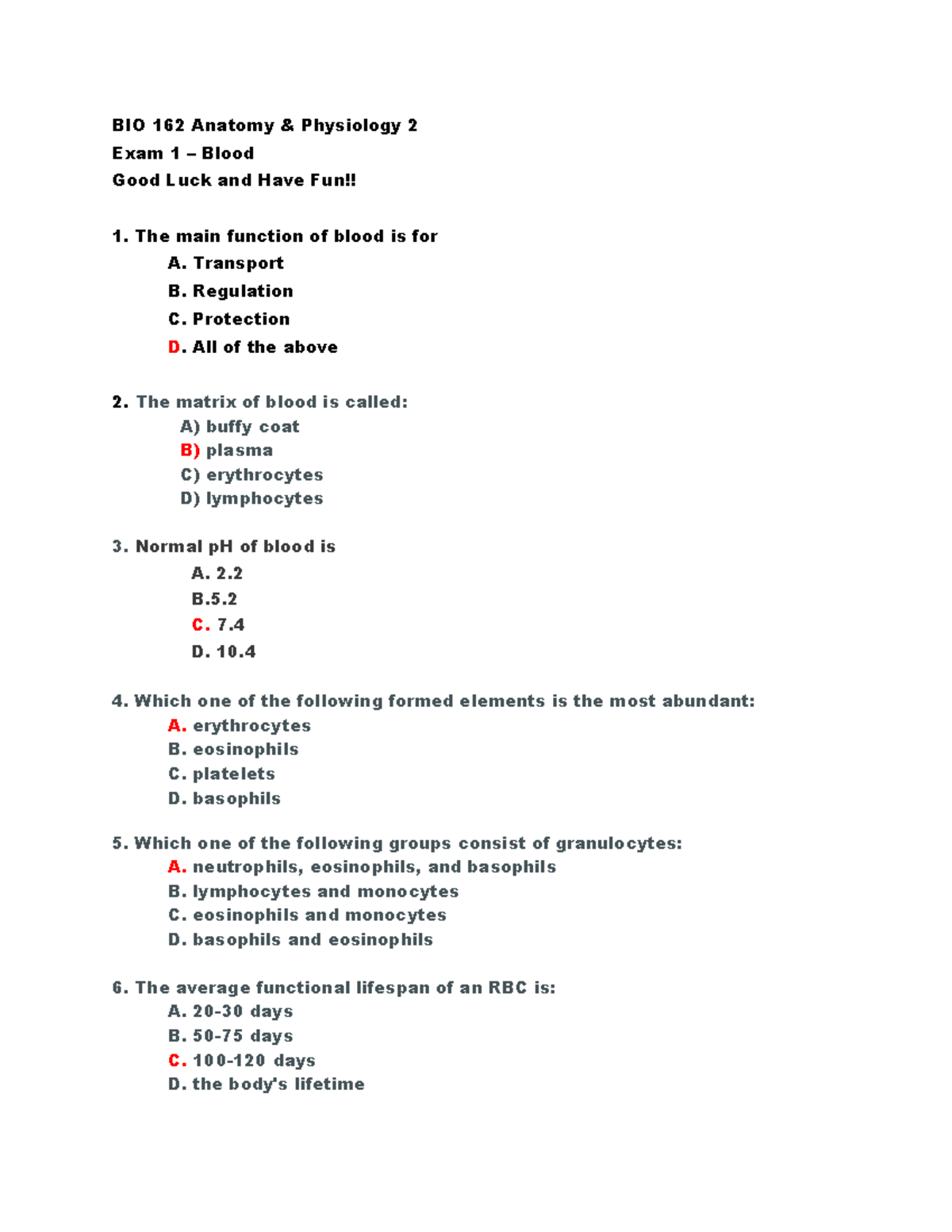 Exam 1.blood @ - BLOOD - BIO 162 Anatomy & Physiology 2 Exam 1 – Blood ...