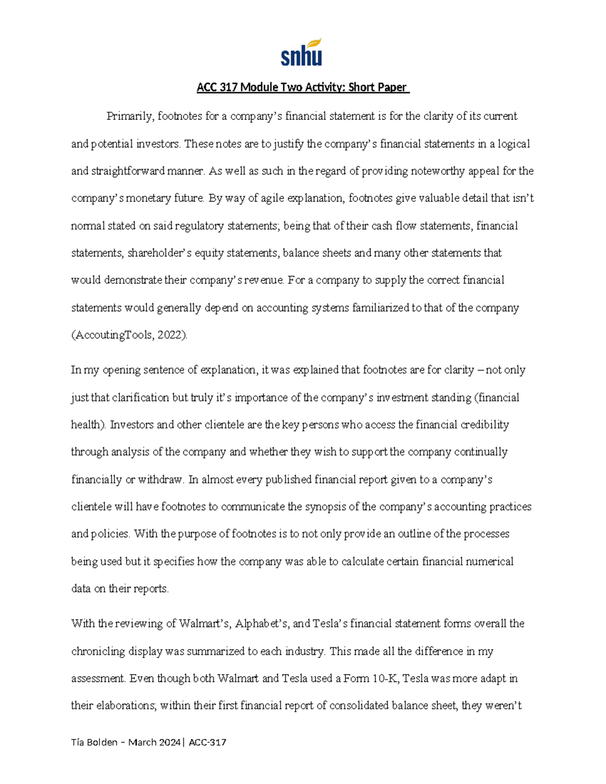 ACC 317 Module Two Short Paper - ACC 317 Module Two Activity: Short ...