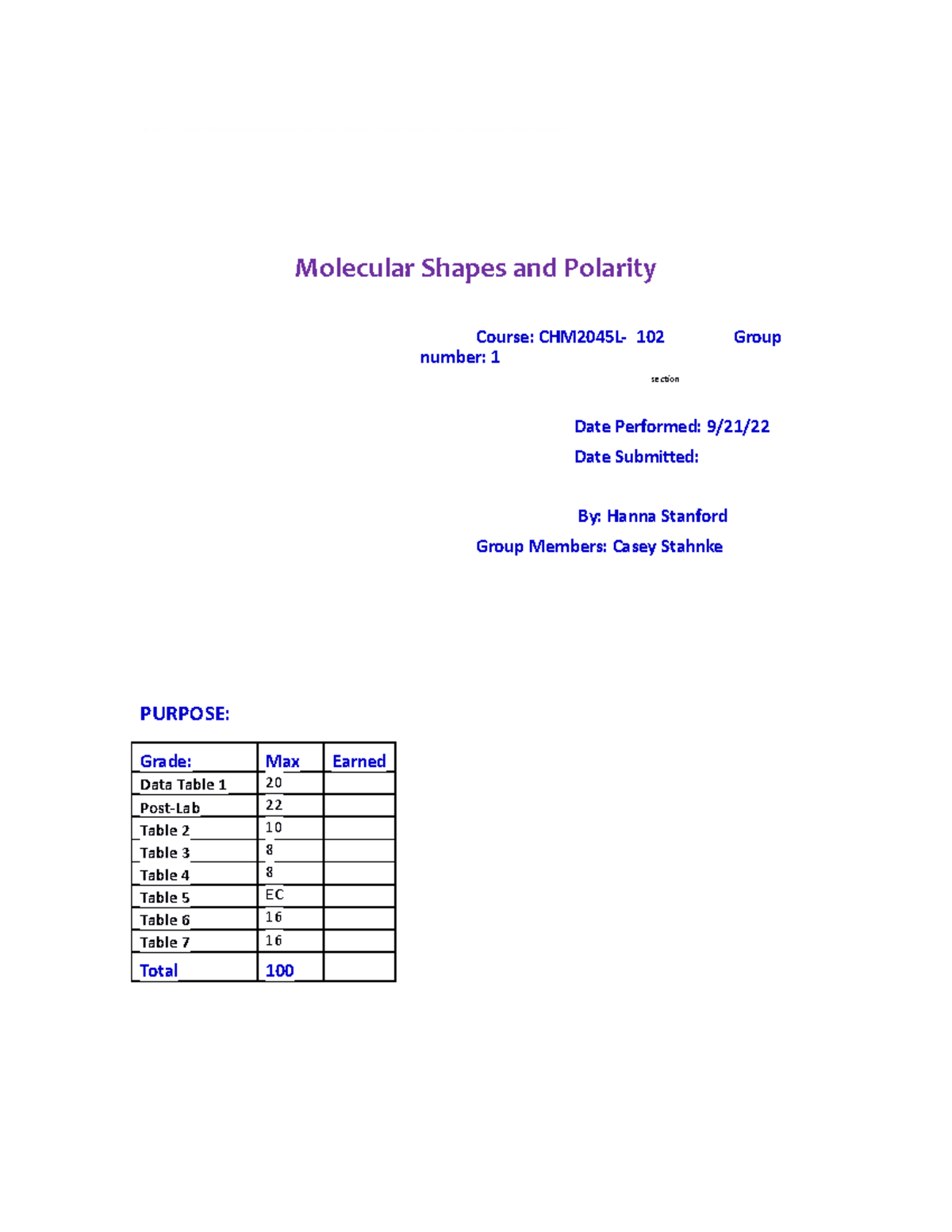 2045L Exp 05 Shapes Polarity Report - Molecular Shapes and Polarity ...