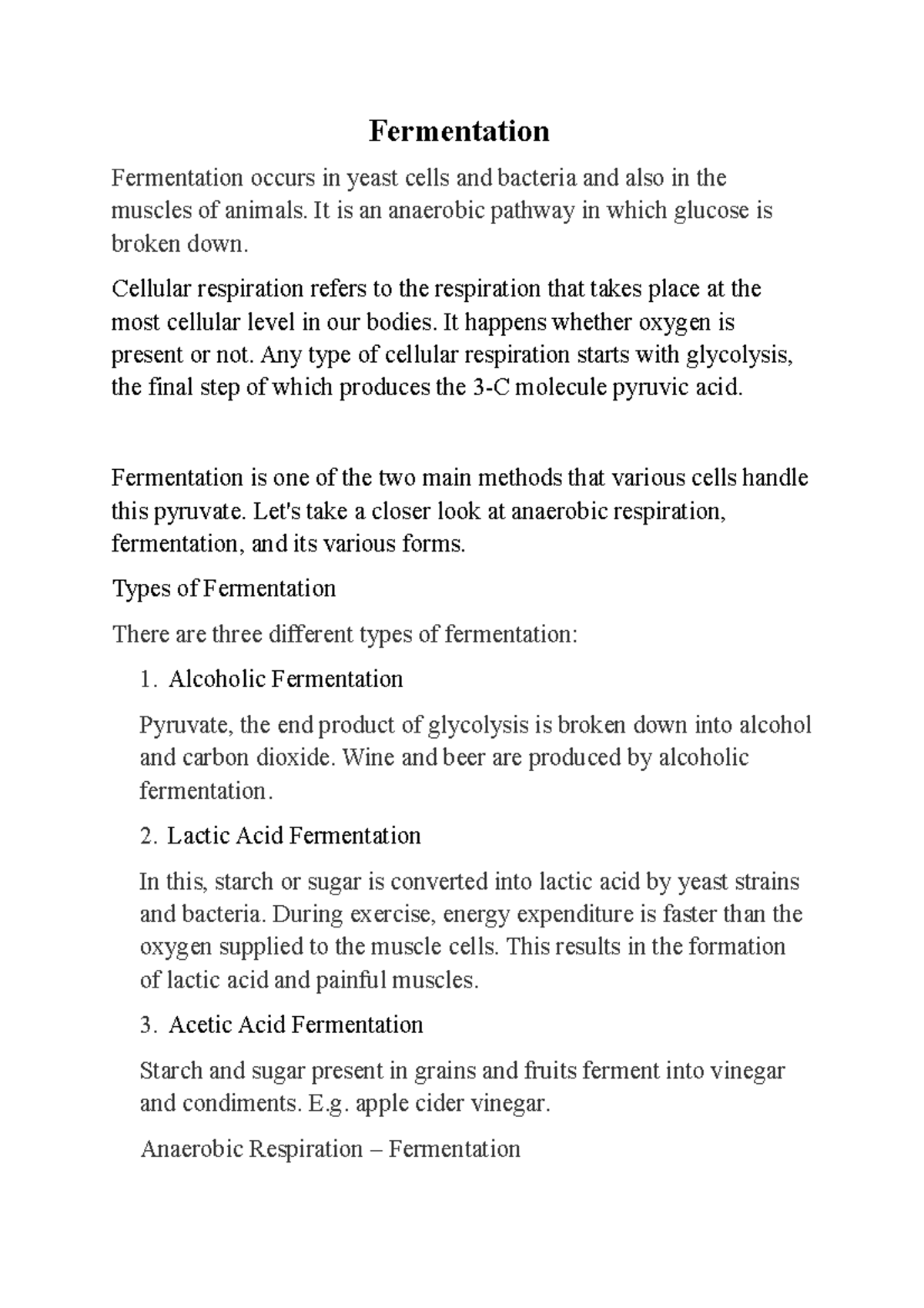Fermentation - Fermentation Fermentation occurs in yeast cells and ...