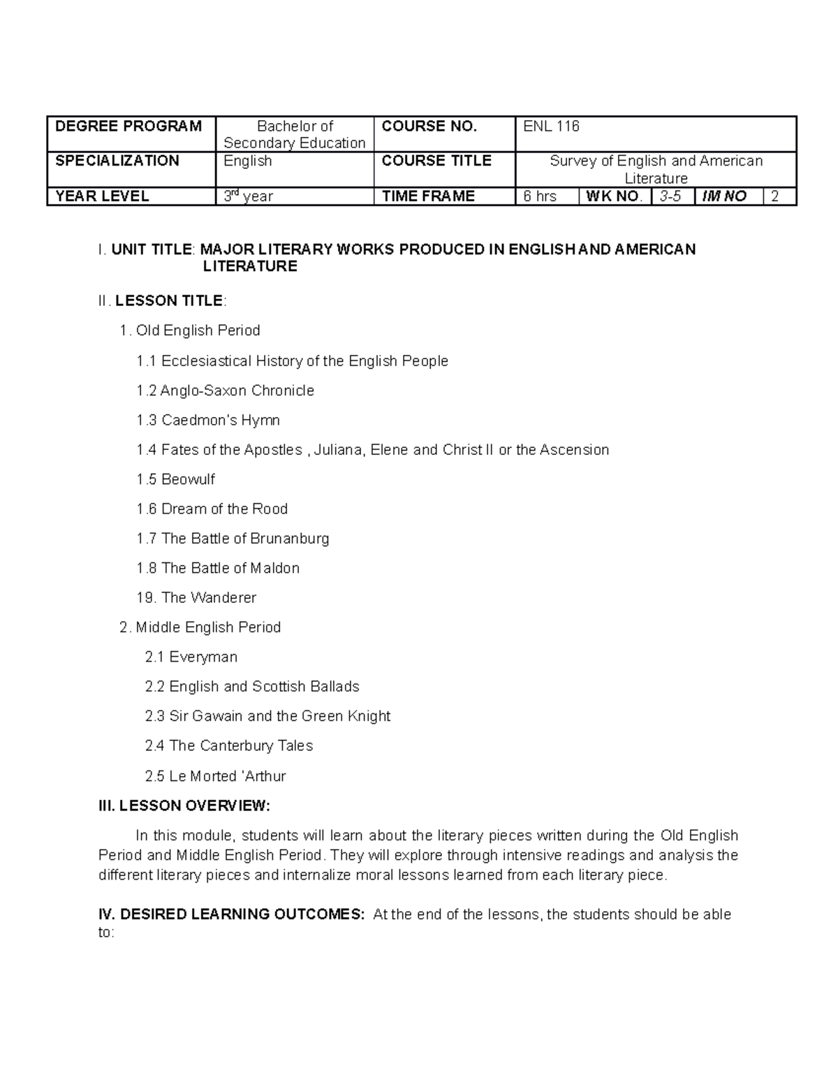 Survey of English and American Literature 1 - DEGREE PROGRAM Bachelor ...