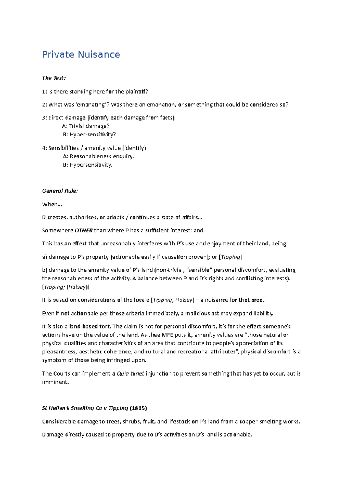 Private Nuisance summary and case notes - Private Nuisance The Test: 1 ...