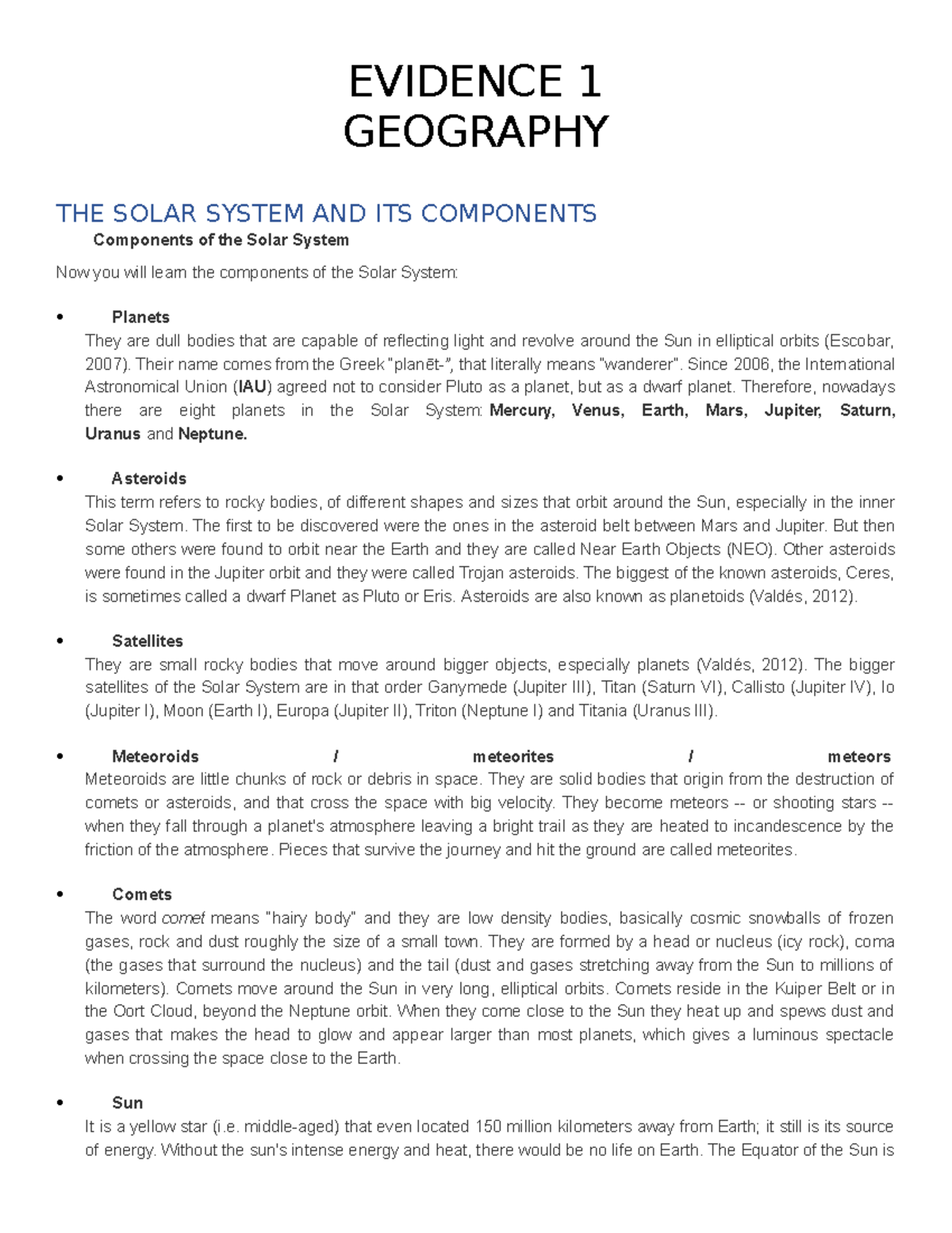 Evidence 1 - EVIDENCE 1 GEOGRAPHY THE SOLAR SYSTEM AND ITS COMPONENTS ...