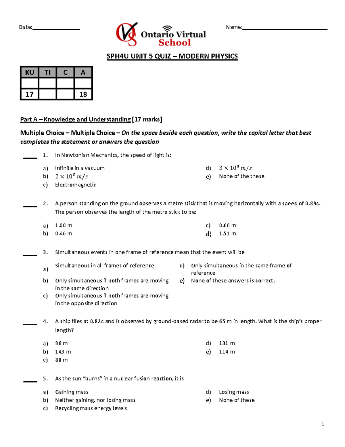 1712011 771-SPH4U Unit Quiz 5 - Modern Physics - SPH4U UNIT 5 QUIZ ...