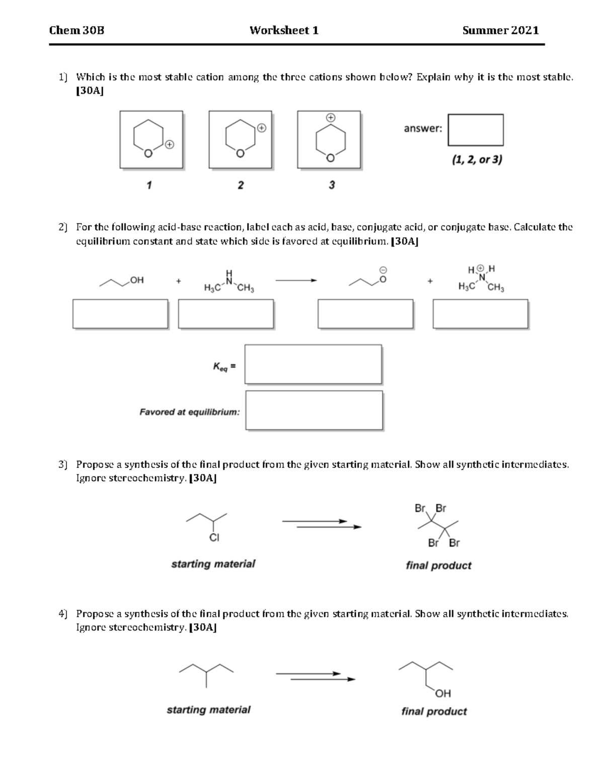 Chem 30B Discussion Worksheet 1 - Chem 30B Worksheet 1 Summer 20 21 ...