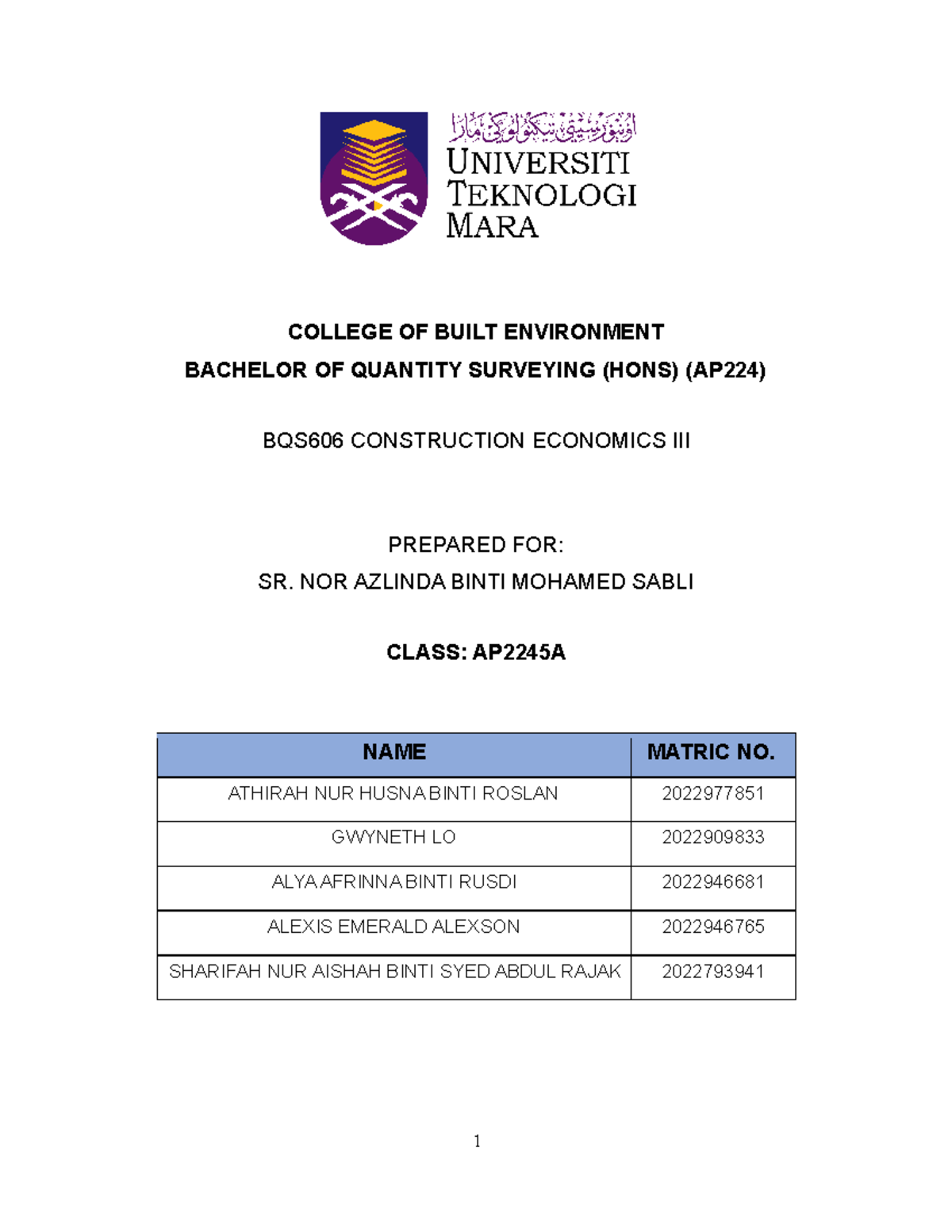 BQS606 - COLLEGE OF BUILT ENVIRONMENT BACHELOR OF QUANTITY SURVEYING ...