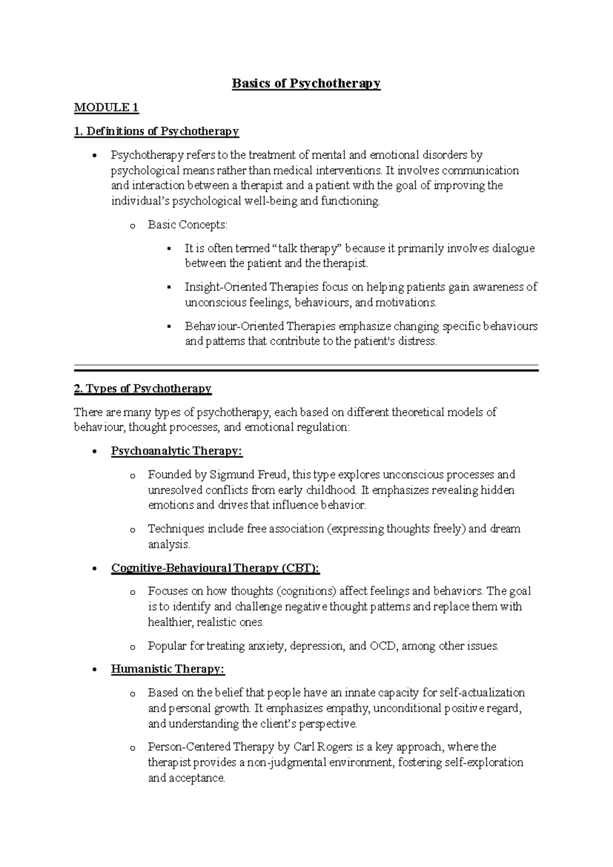 Basics of Psychotherapy-notes - Basics of Psychotherapy MODULE 1 1 ...