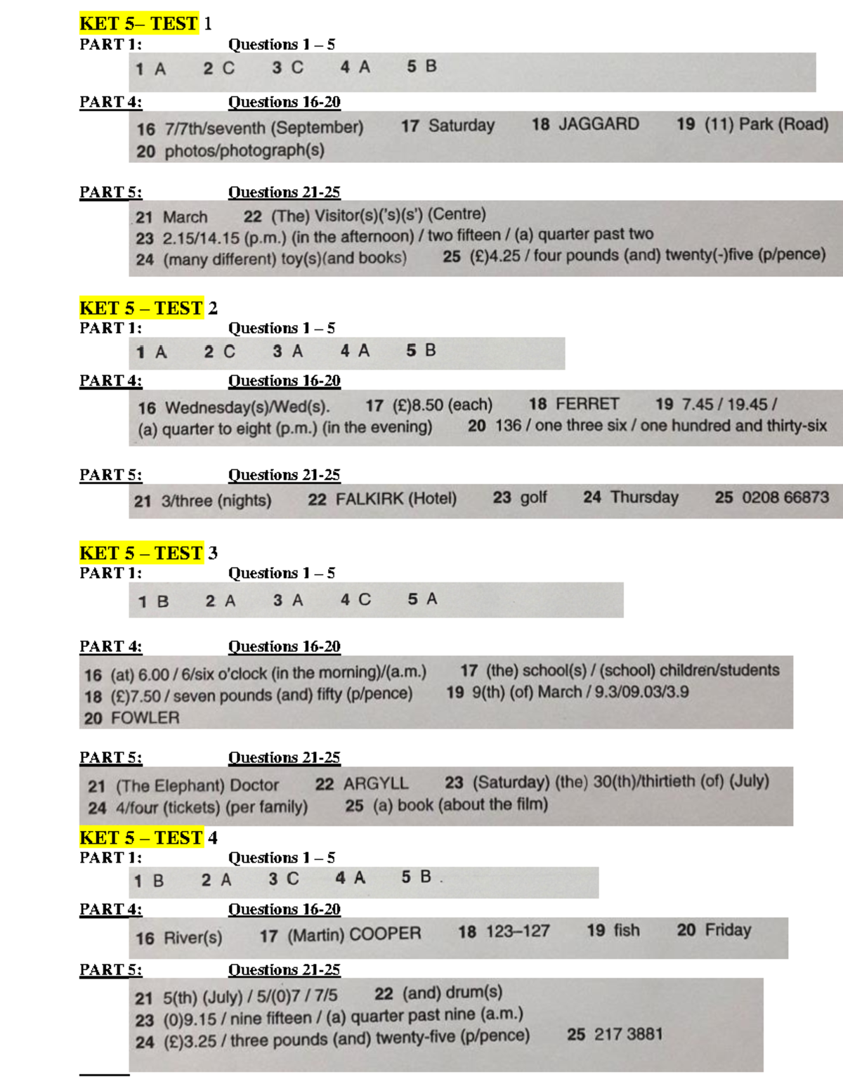 TA1 KET 5 & KET Trainers - Listening Practice for Mid-term Tests KEY ...