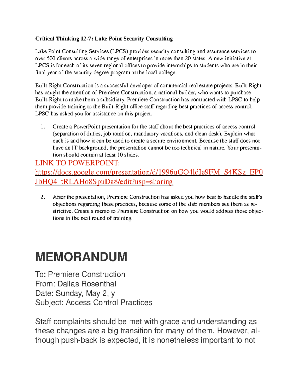 Critical Thinking Assignment 12-7 - Critical Thinking 12-7: Lake Point ...