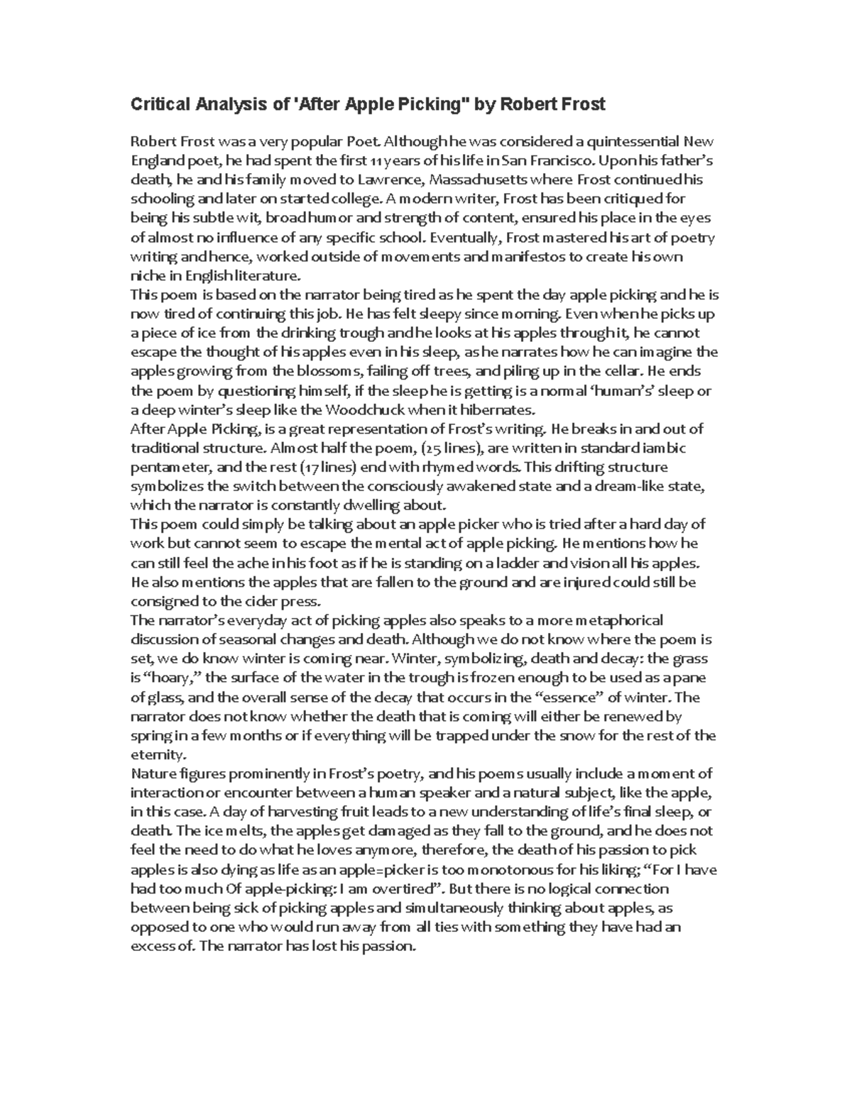 Critical Appreciation OF After Apple Picking - Critical Analysis of ...