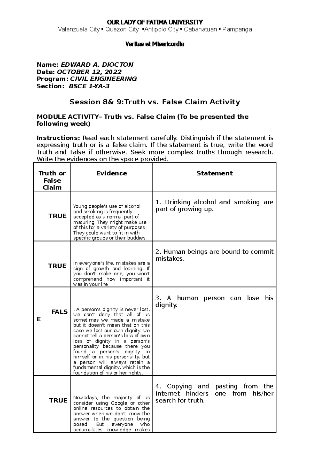 Edward Session 8269-Truthvs.False Claim Activity final ed - OUR LADY OF ...