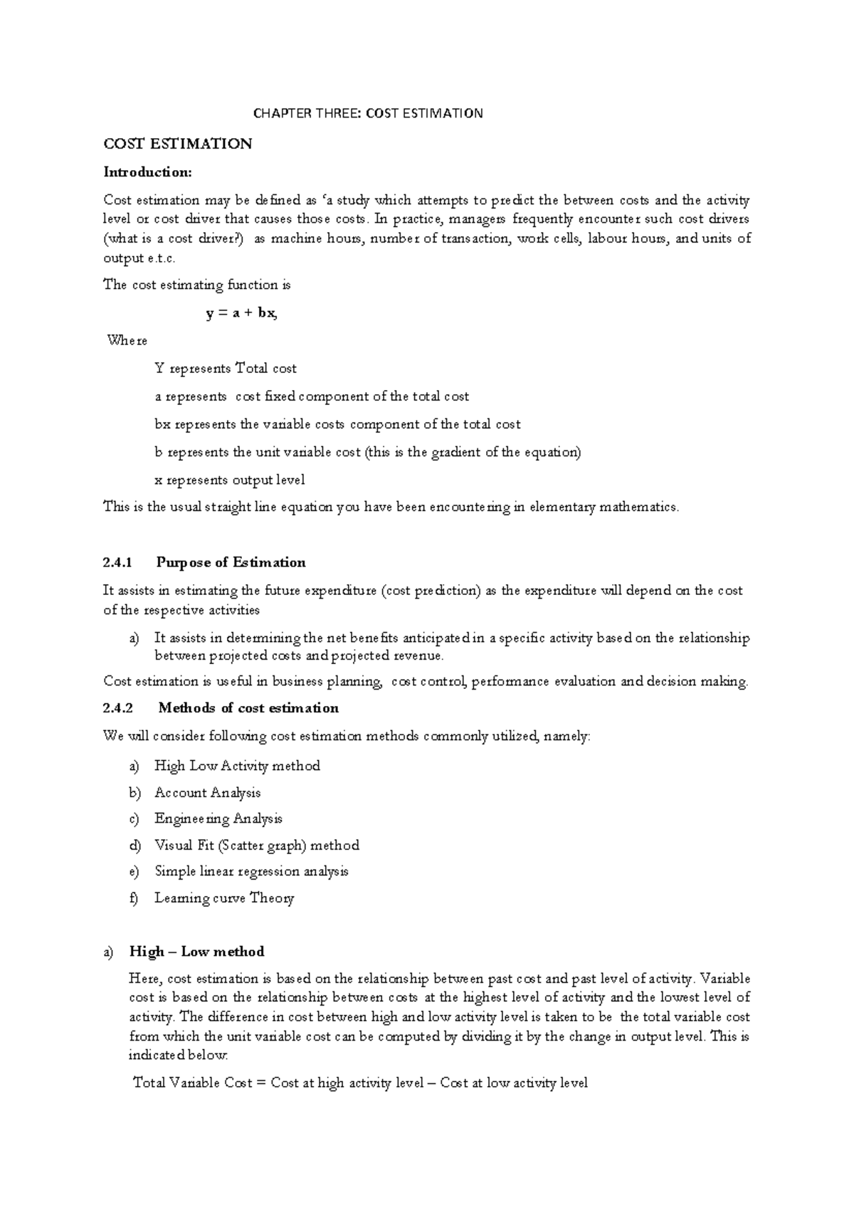 Chapter Three-COST Estimation - CHAPTER THREE: COST ESTIMATION COST ESTIMATION Introduction ...